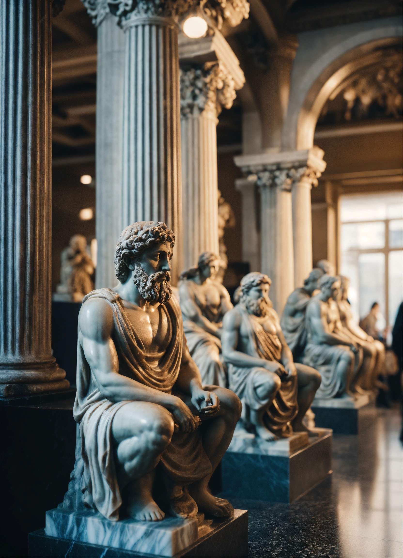 Lexica - Greek marble statues sitting in a very crowded gym during rush ...