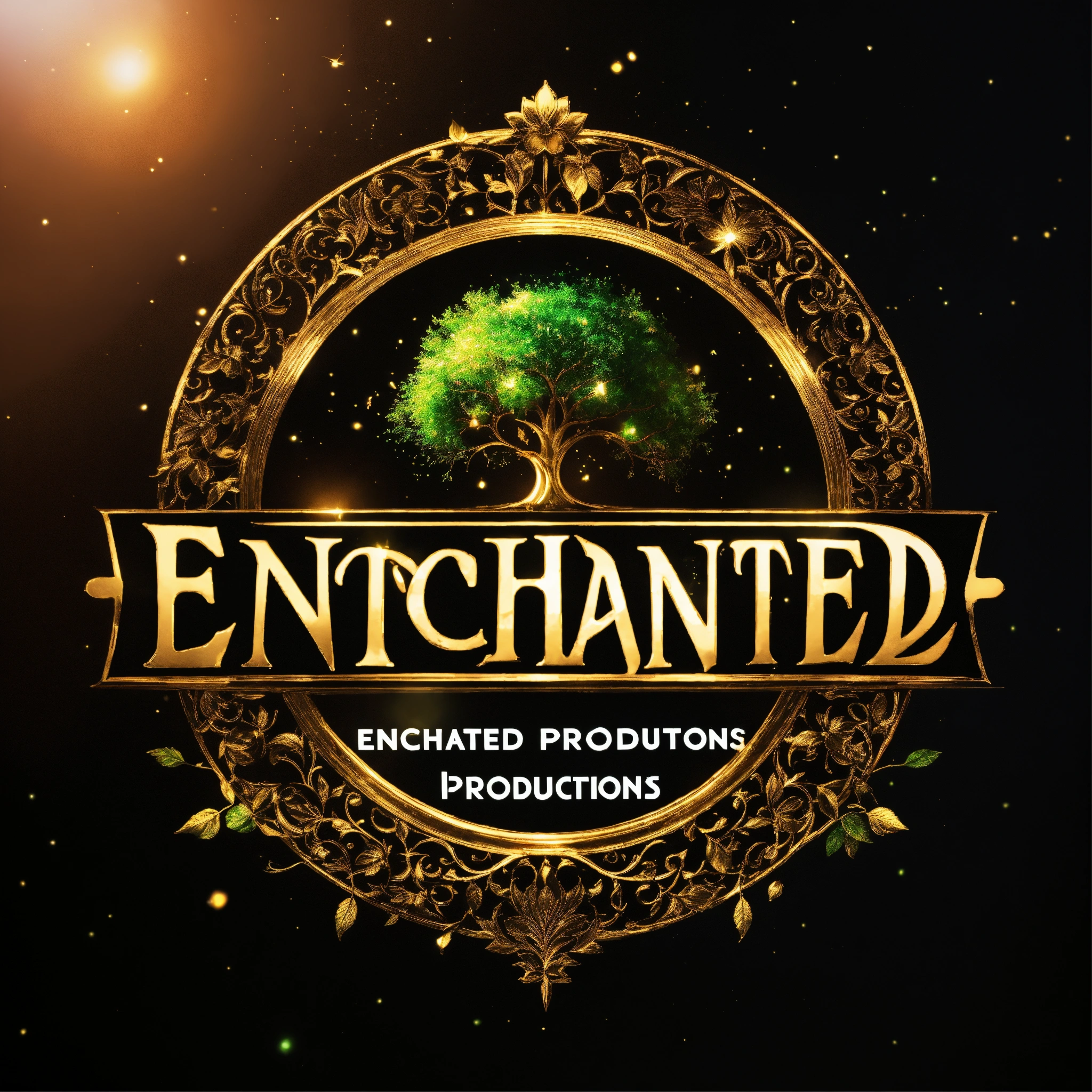 Lexica - 'Enchanted Productions' logo design, black background, realistic illustration