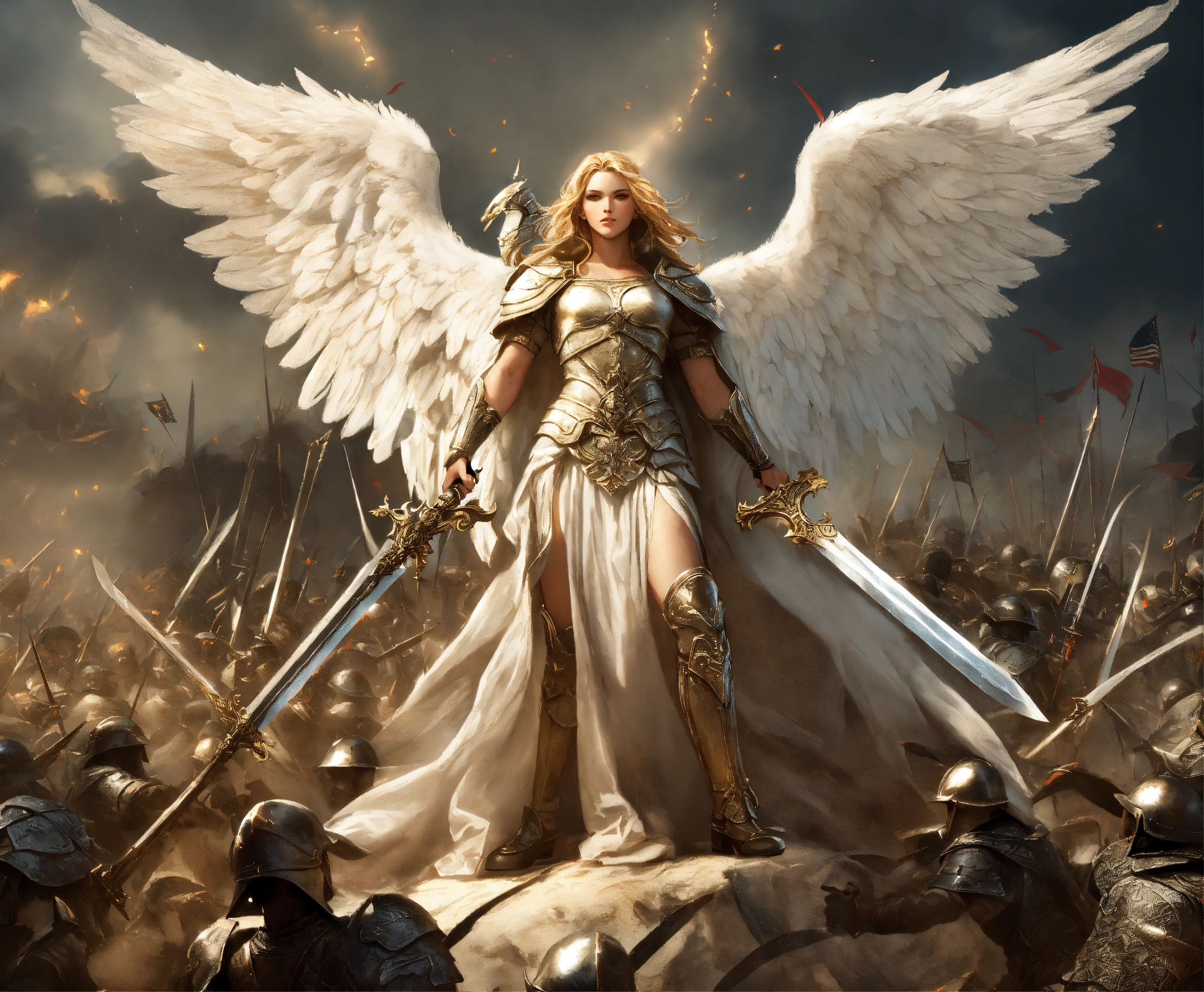 Lexica - A strong white angel with a big sword standing on defeated ...