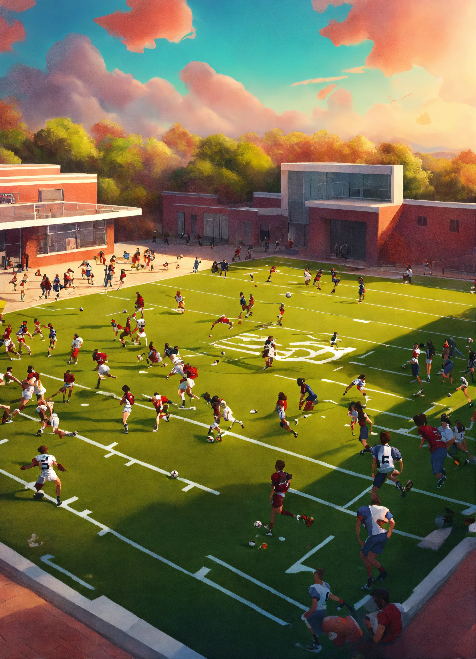 Lexica - Surreal style football field scene with students on campus ...