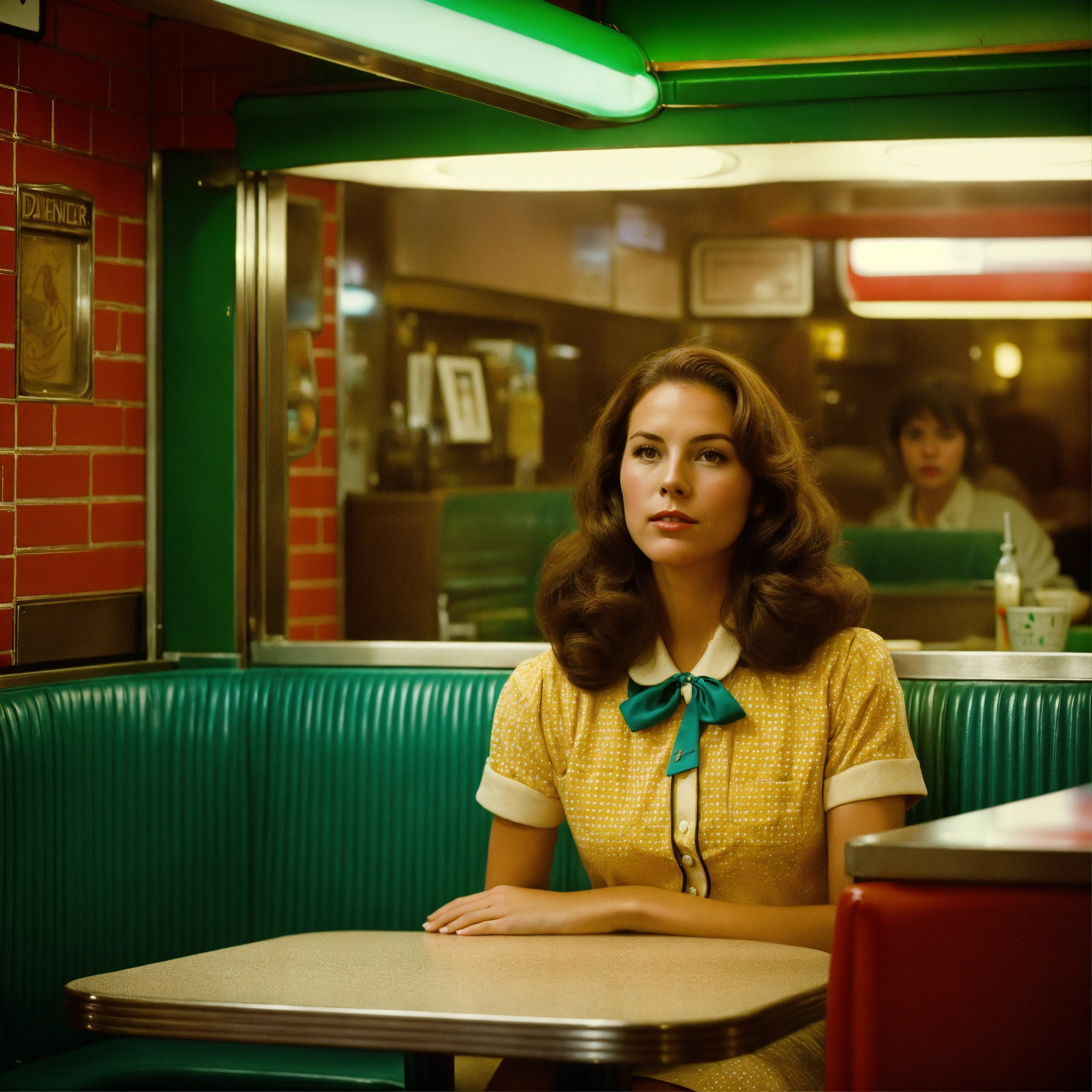 Lexica - A retro photograph of a woman sitting in a booth at a diner, a ...