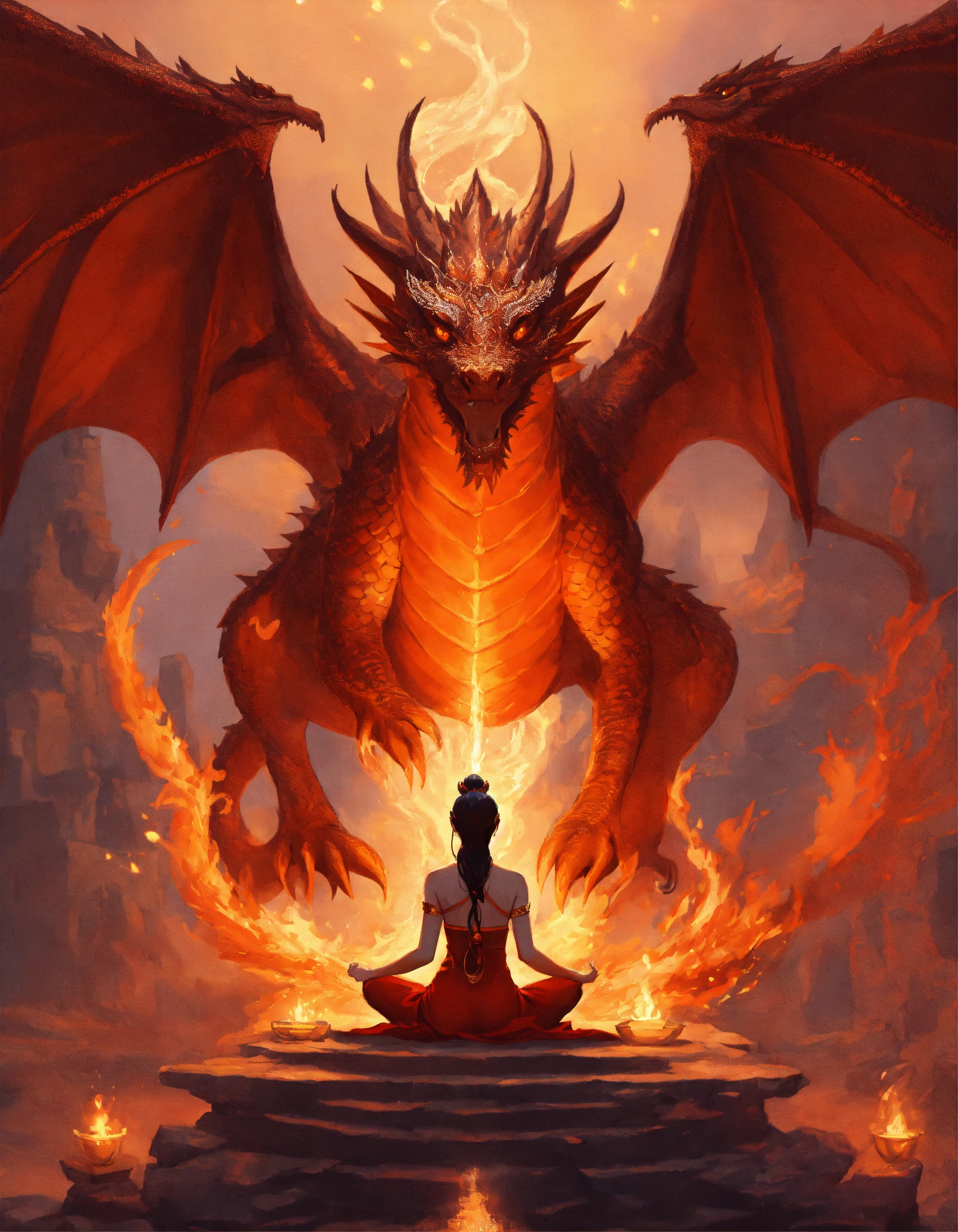 Lexica - Illustration of a dragon girl Meditating, summoning dragons