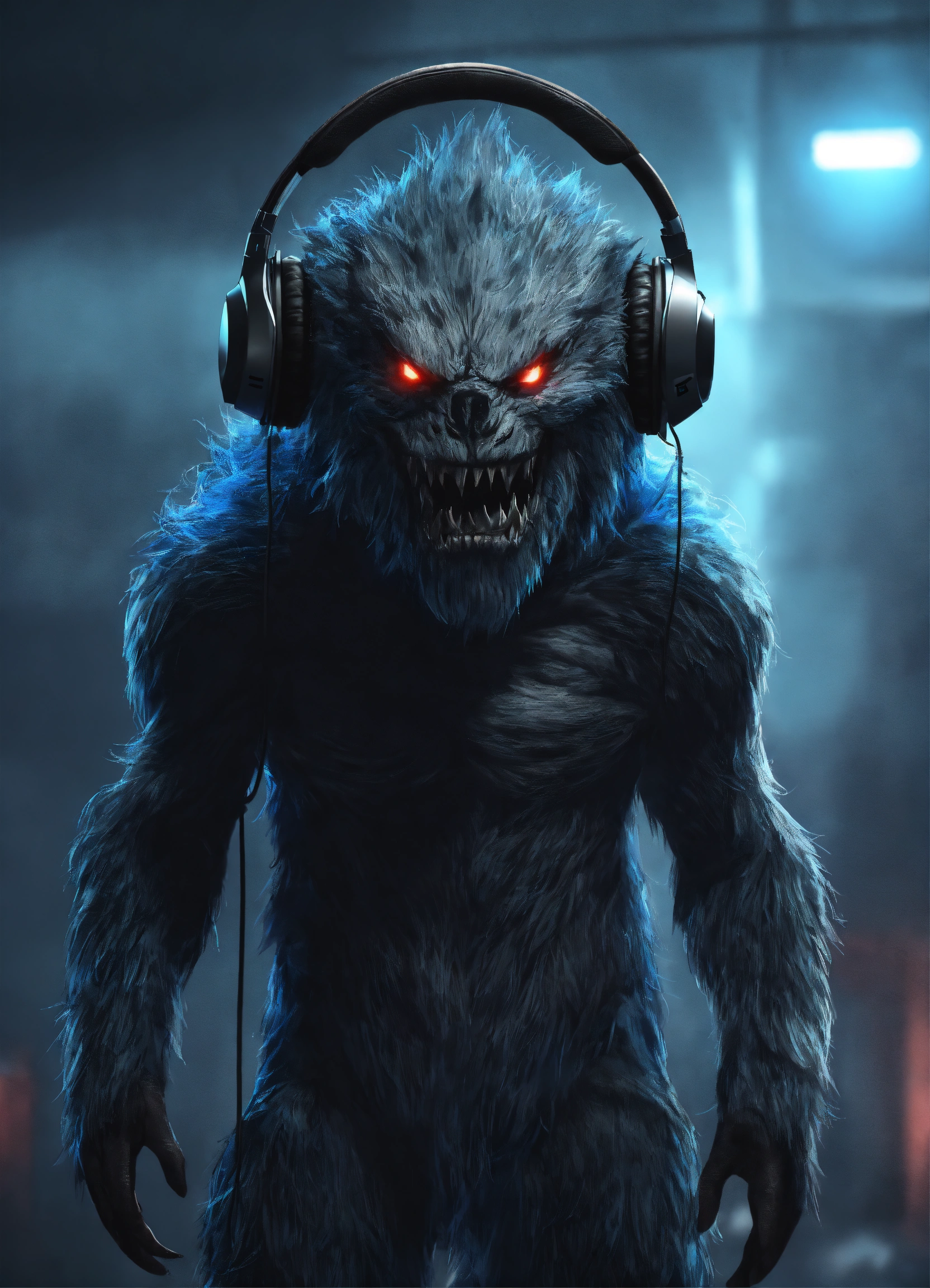 Lexica - Terror, realistic grey monster with headphones standing in ...
