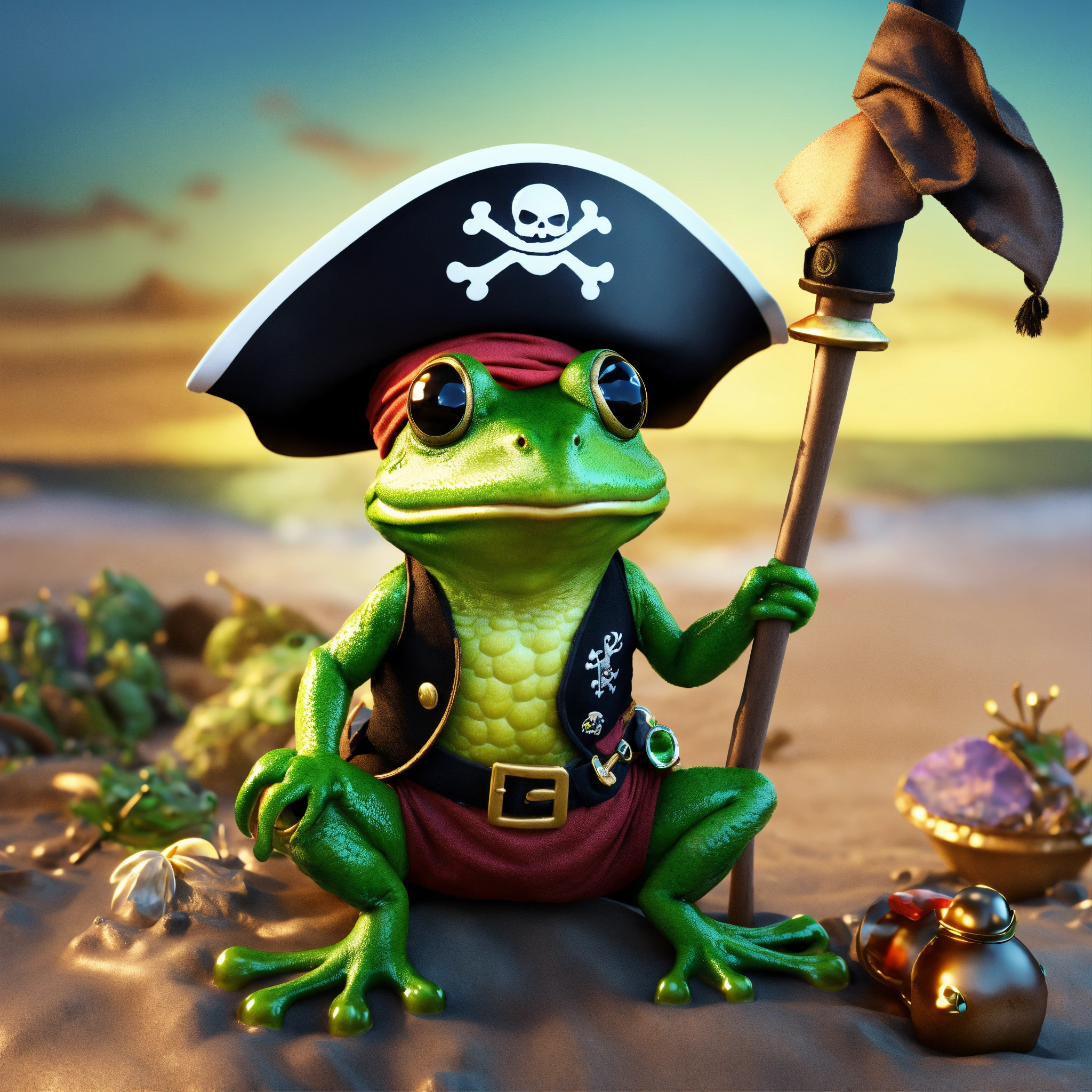 Lexica - Pirate frog, wearing a pirate hat, holding a pirate flag ...