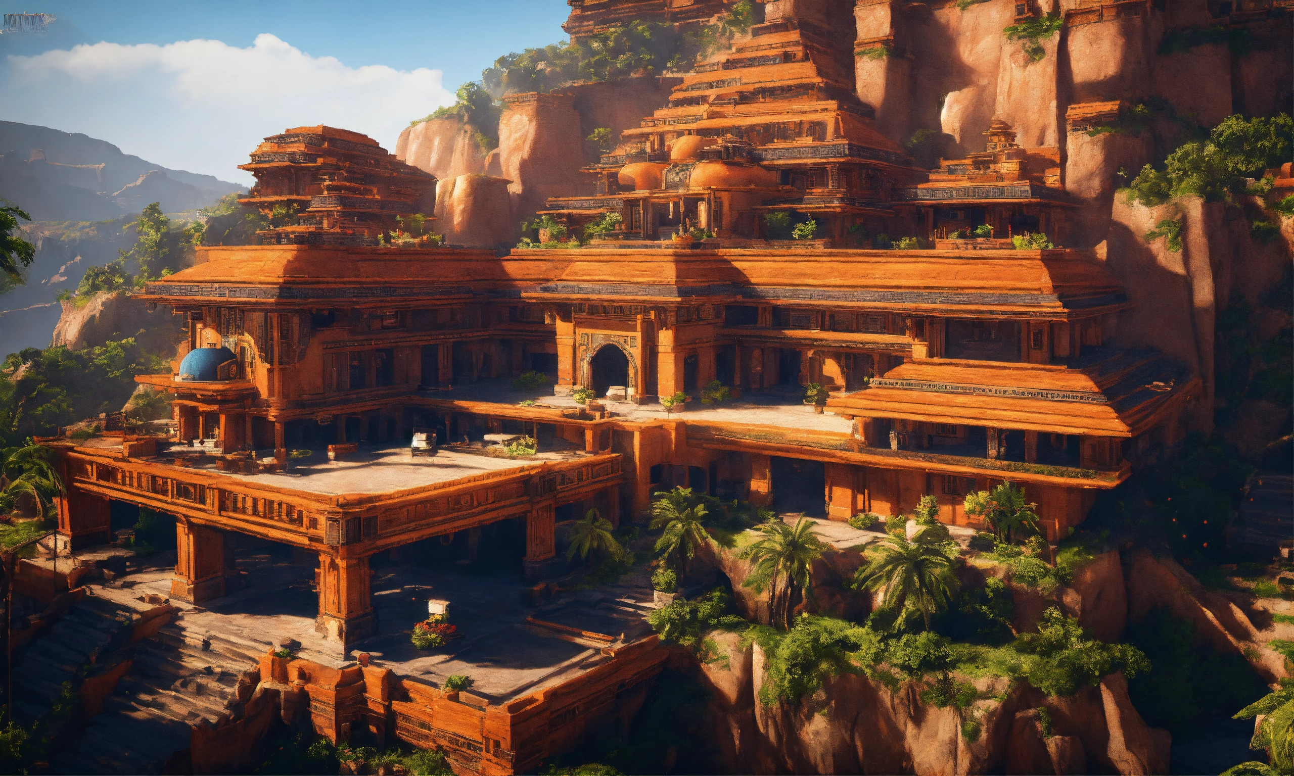 Lexica - Full image of a massive orange Aztec sci fi palace with a navy ...
