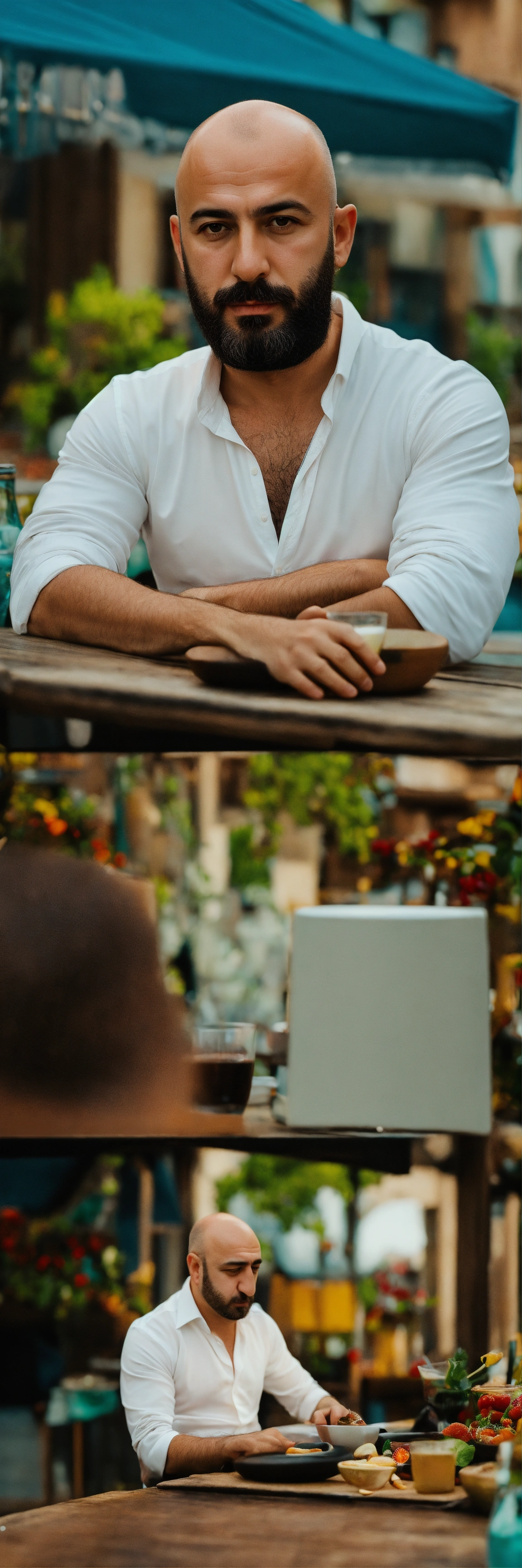 Lexica - Turkish bald guy white shirt sitting on table no beard