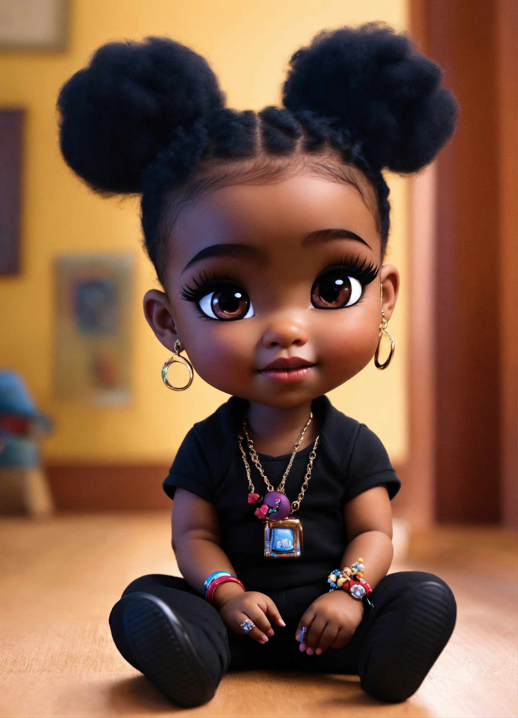 Lexica - Cute little black bratz baby girl sitting on the floor pixar chibi