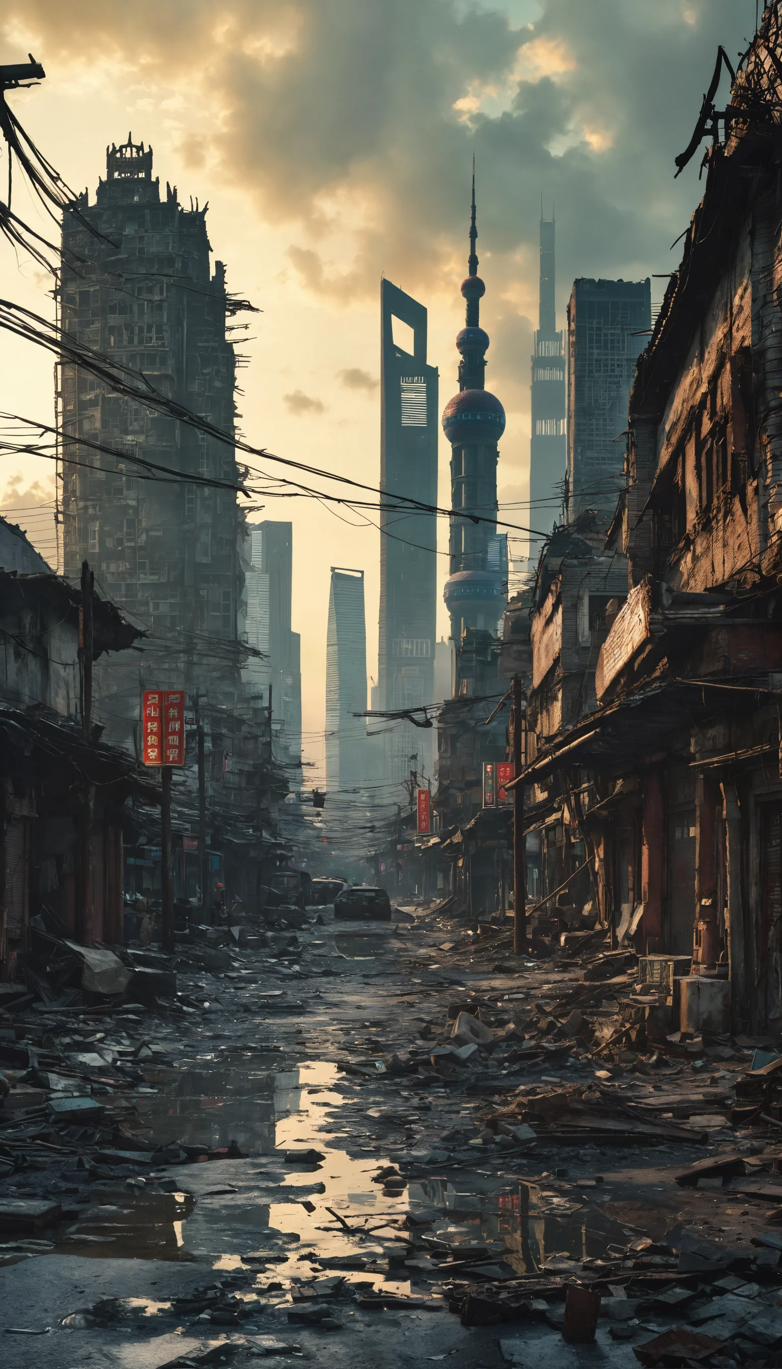 Lexica - Shanghai in ruins, destroyed city, dystopian retro futuristic ...