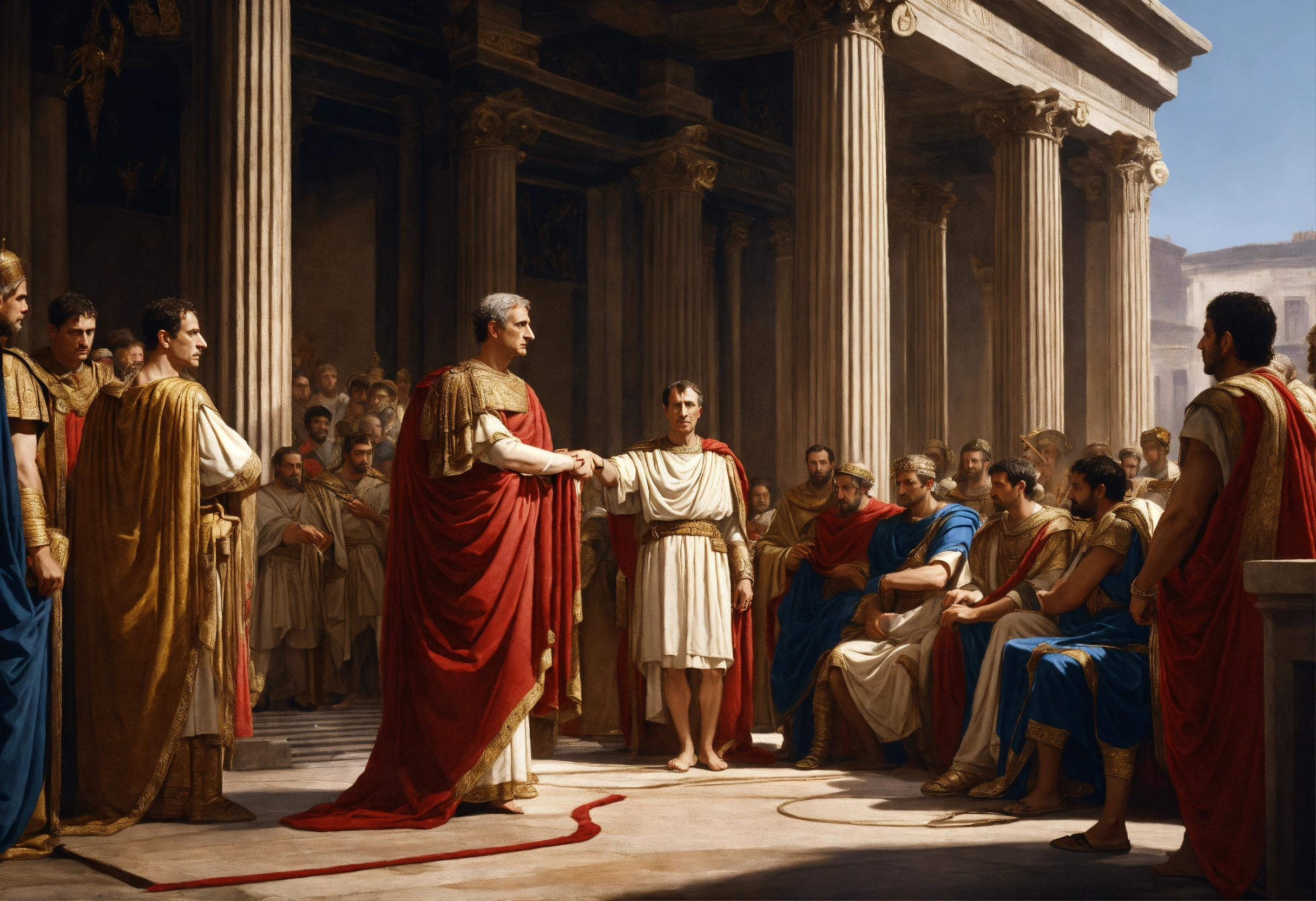 Lexica - Julius Caesar in his court giving order to people.