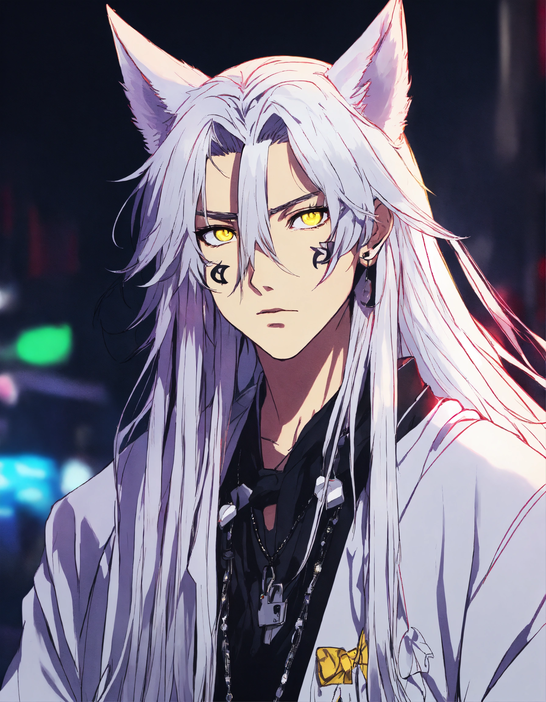 Lexica - Very thin guy, wolf ears, sharp eyes, long white straight hair ...