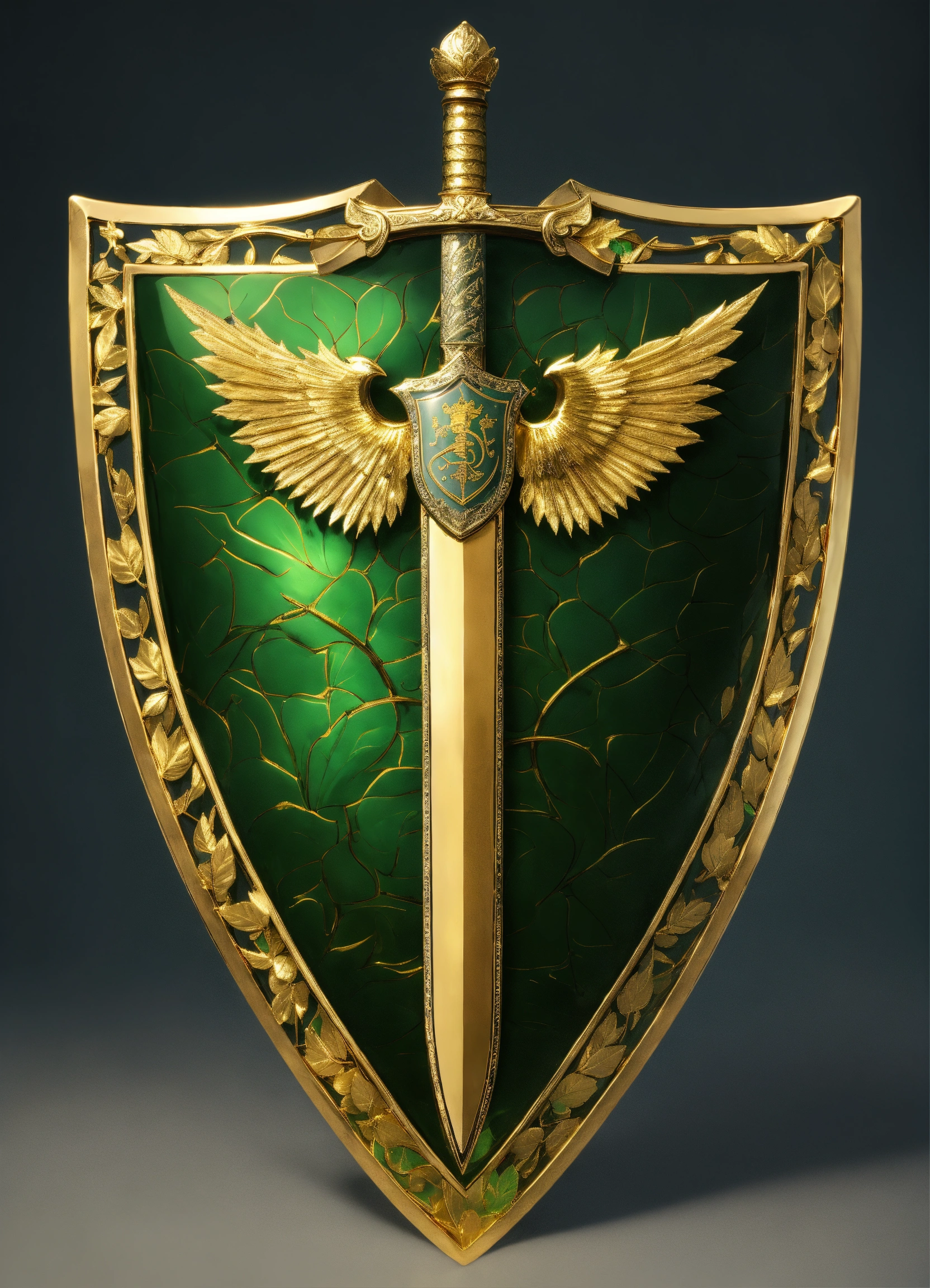 Lexica - A simple green shield with heraldry of gold leaves and a sword ...