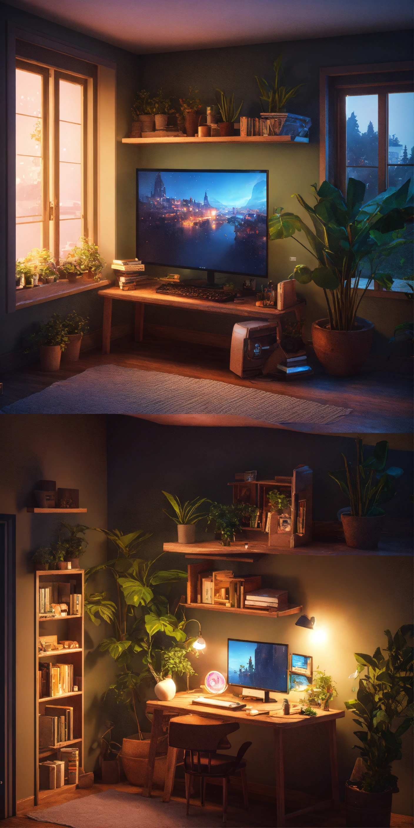 Lexica - Isometric render, nostalgic bedroom with a gaming pc, windows ...