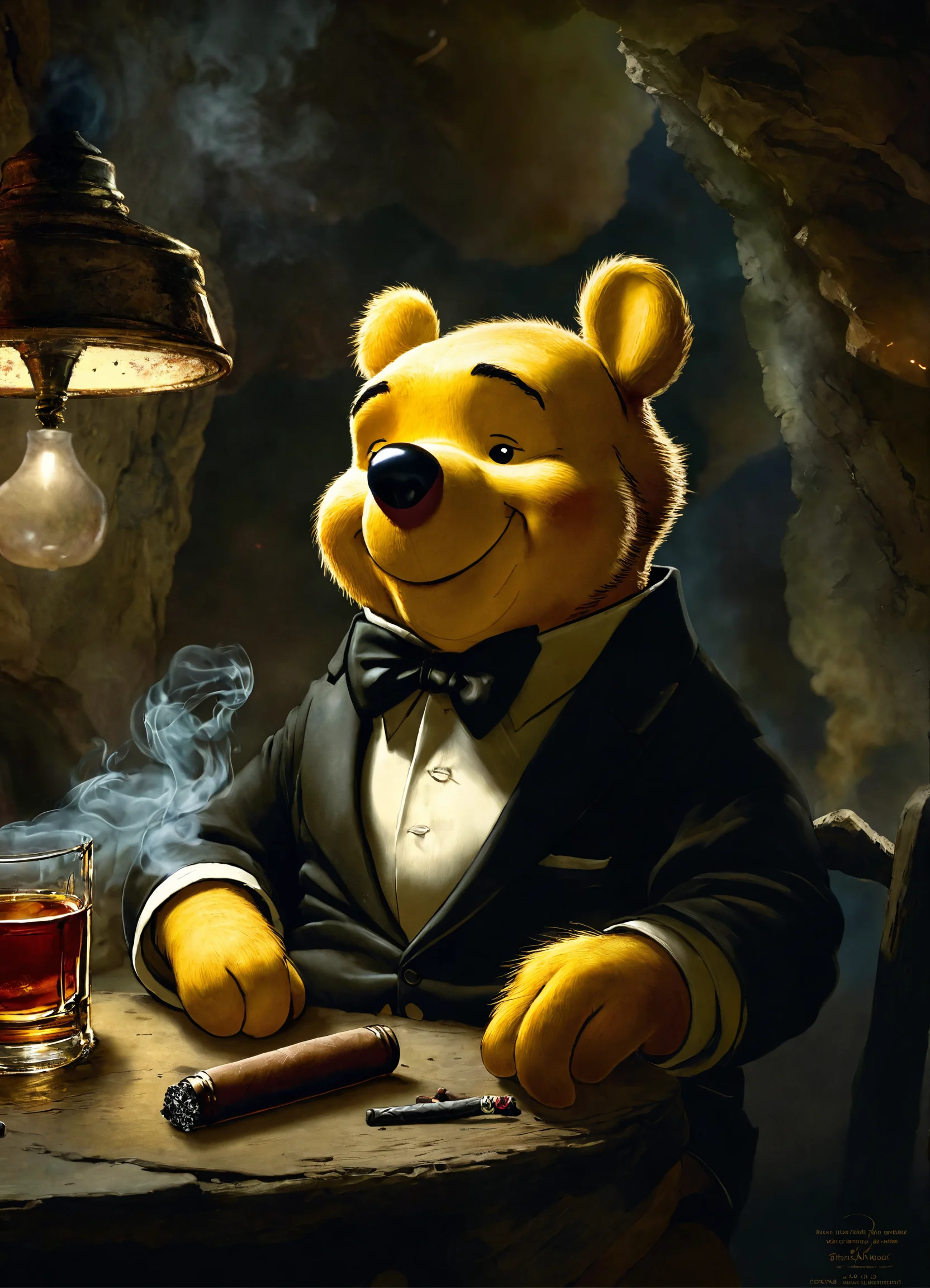 Lexica - Winnie the pooh in a tuxedo, serious look on his face, sitting ...