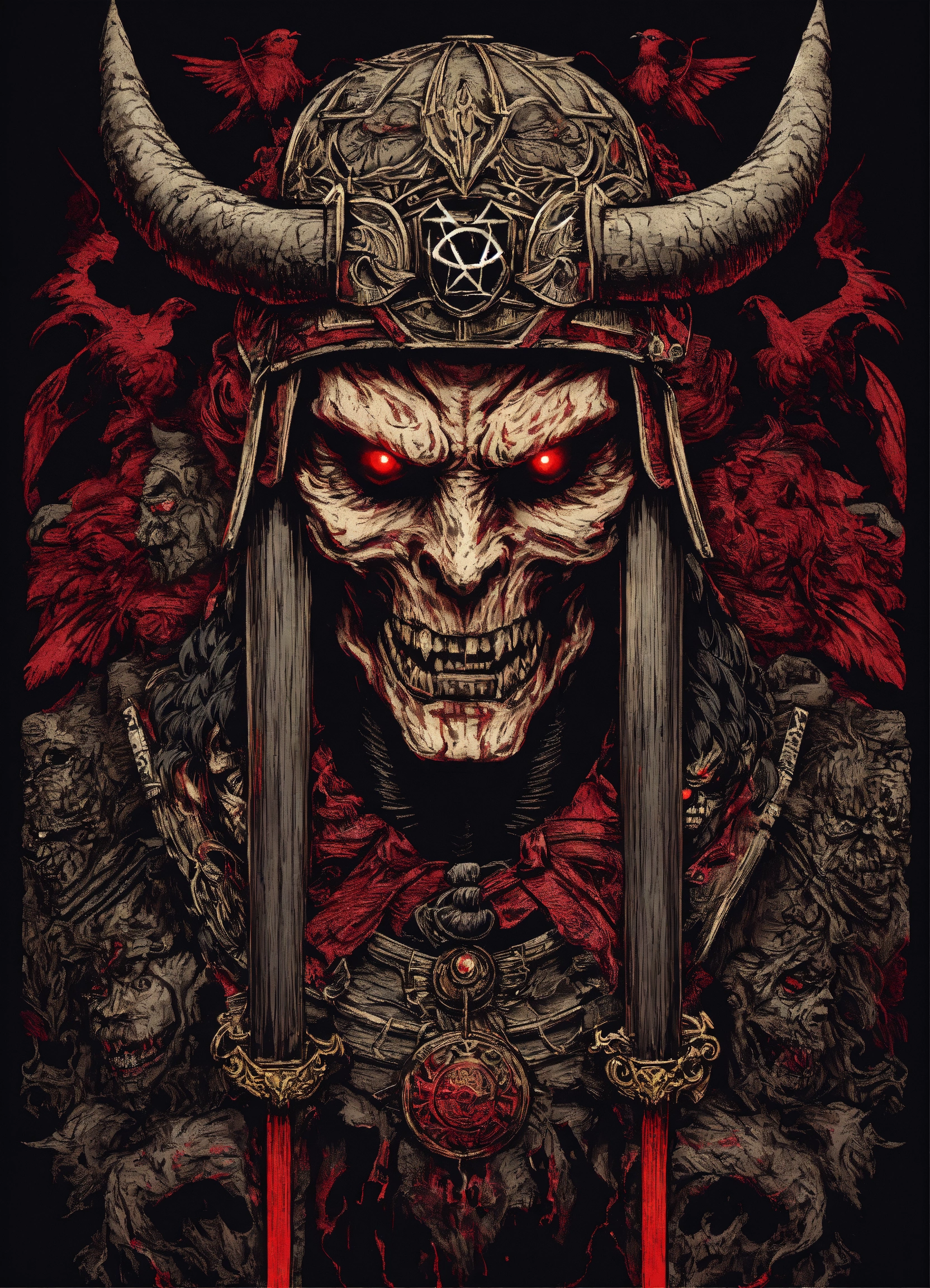 Lexica - Satanic symbols, angry zombie samurai face, crow, strange ...