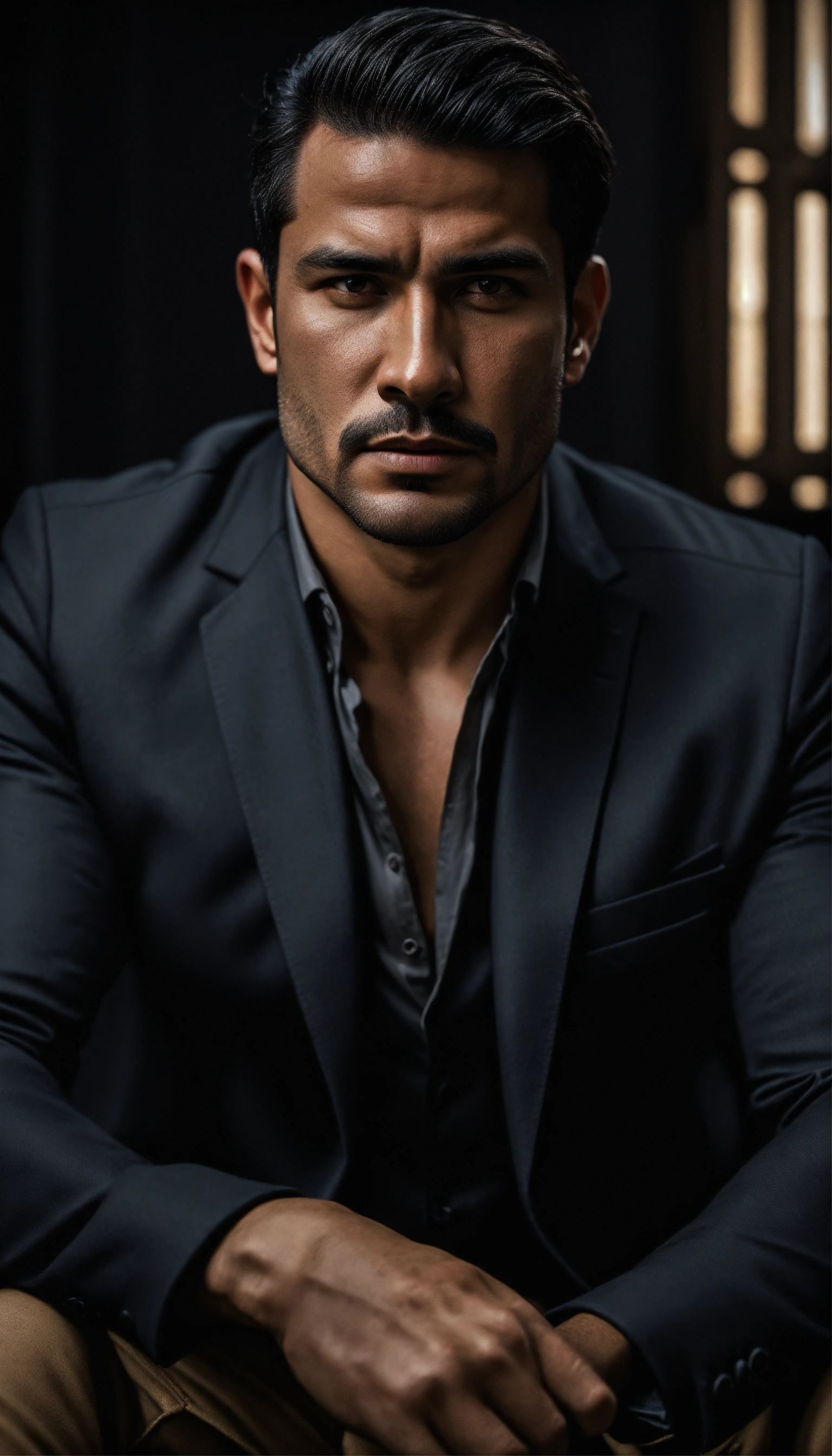 Lexica - A detailed photograph of a confident looking latino, sitting ...