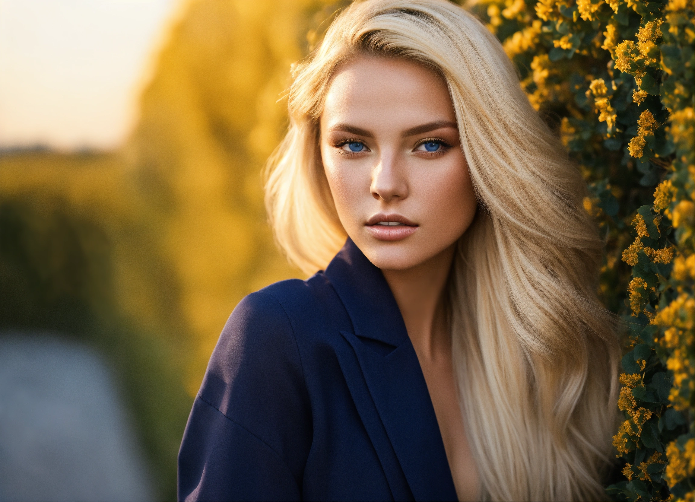 Lexica - Portrait blonde fashion model. Blue eyes. Blond Hair & Black ...