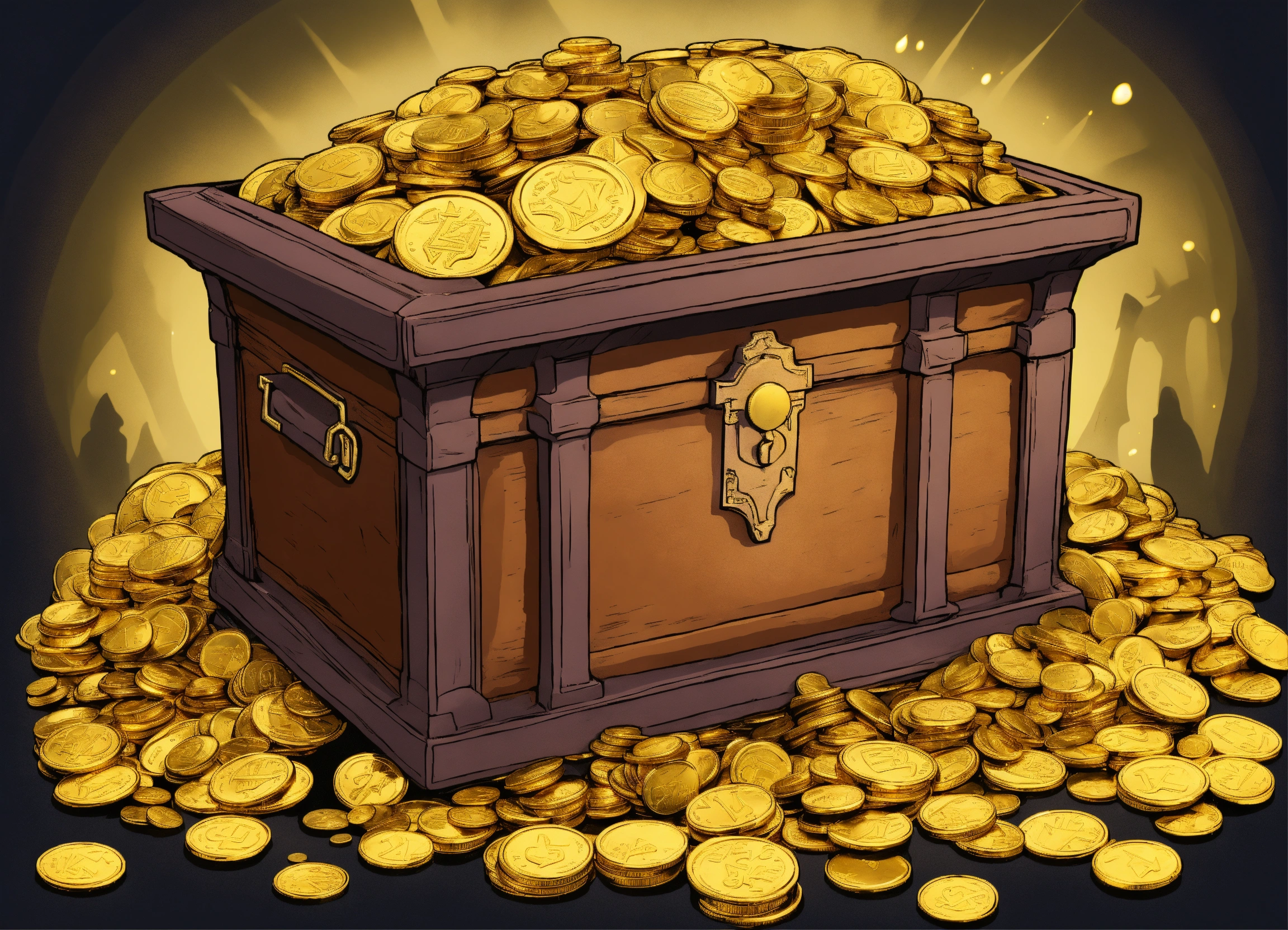 Lexica - A fantasy coffer of gold coins, in graphic novel art form