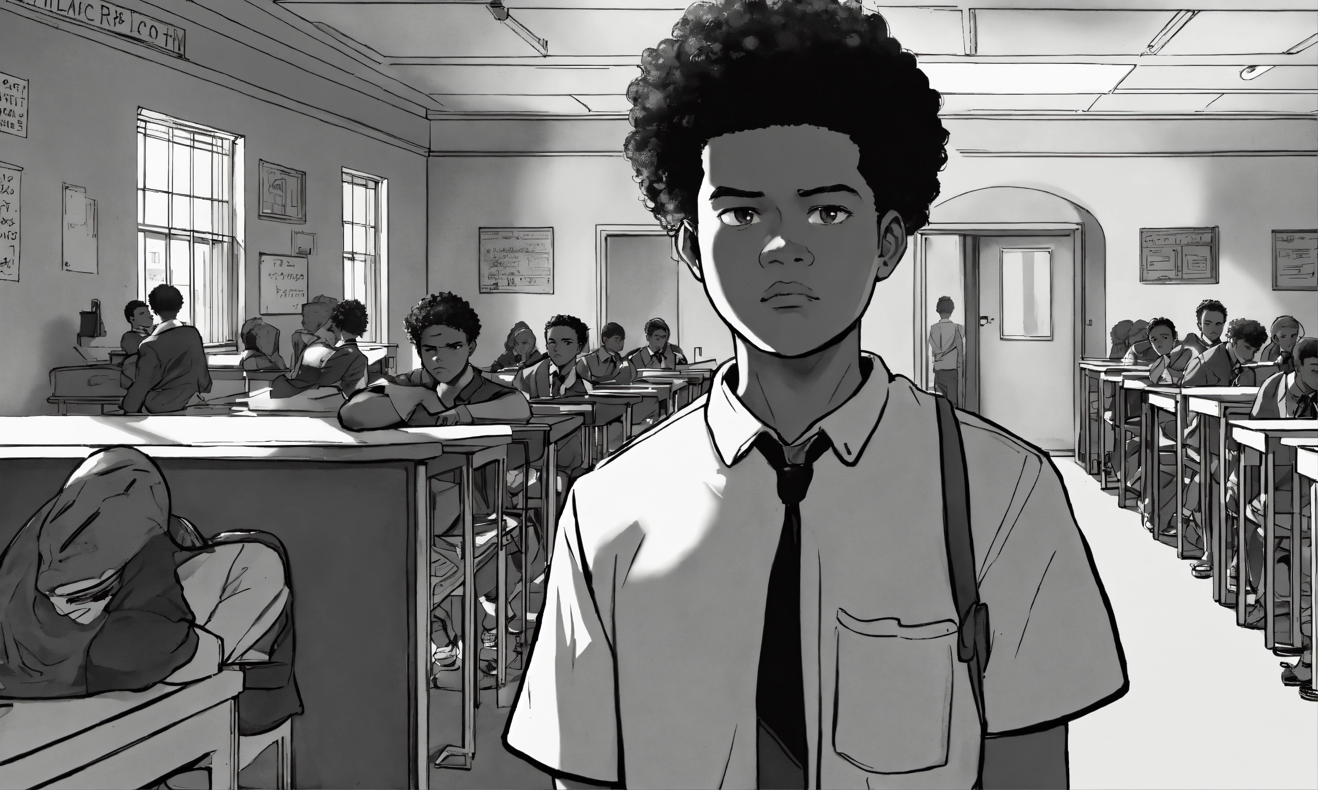 Lexica - A black and white illustration of a 16 year old black boy ...
