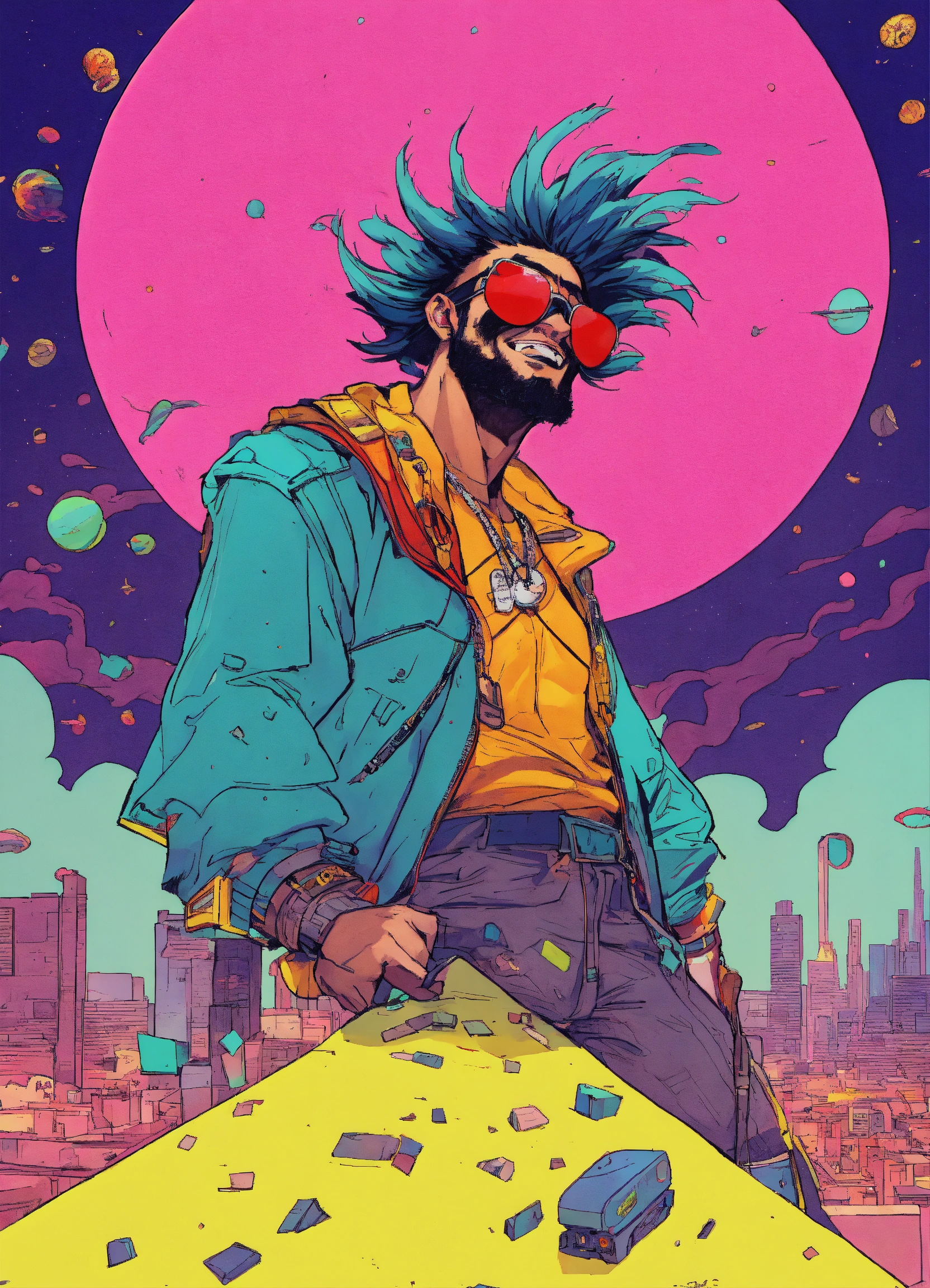 Lexica - A crazy man, 90s grunch music style , comic style, future art