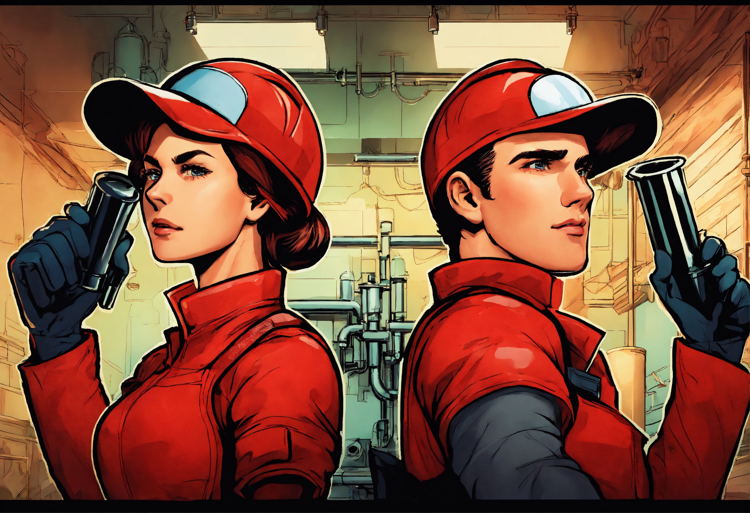 Lexica - Close up of two heroic plumber in a red outfit and red hard ...