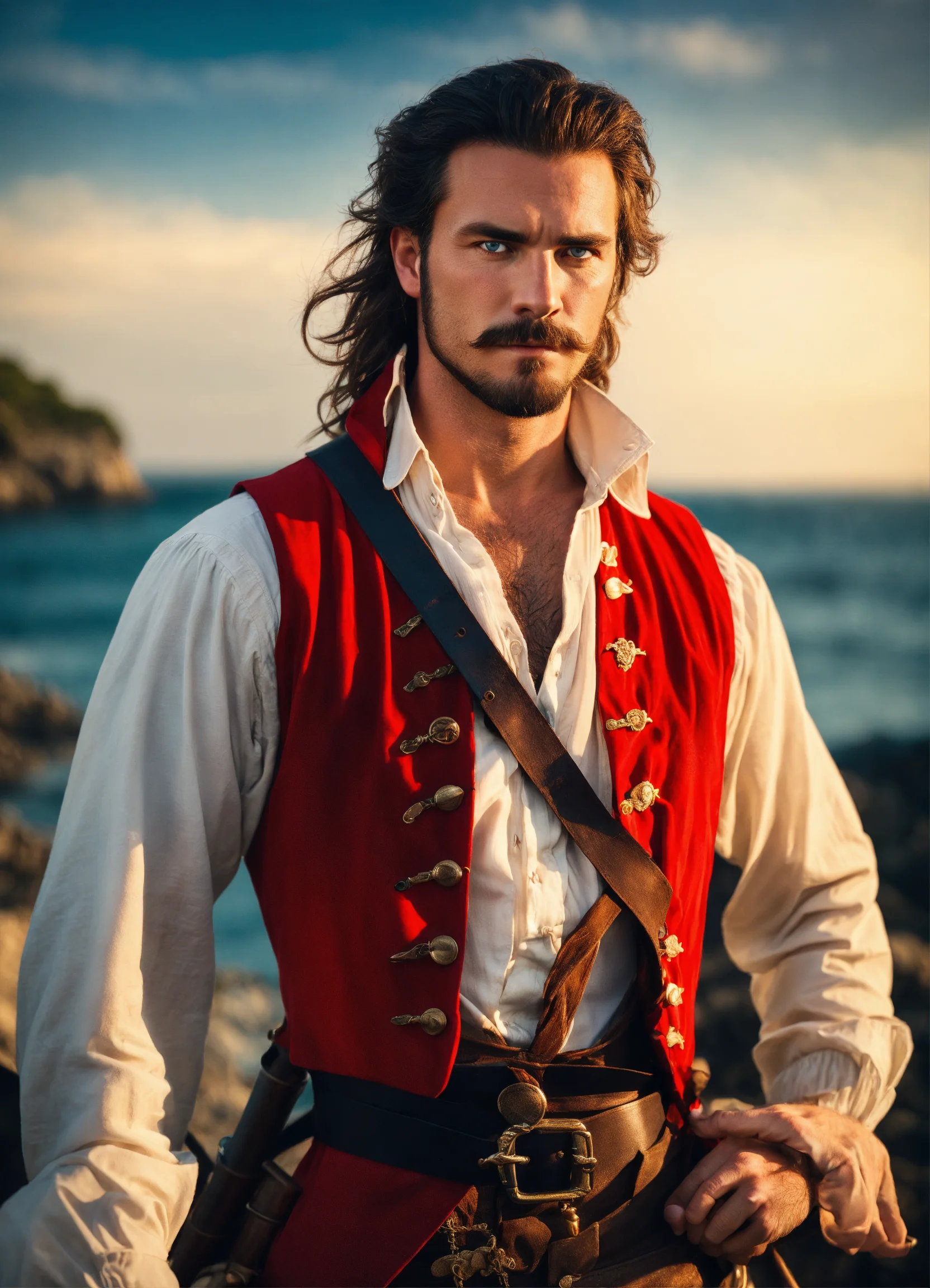 Lexica - An adult male pirate with long swept back brown hair, light ...