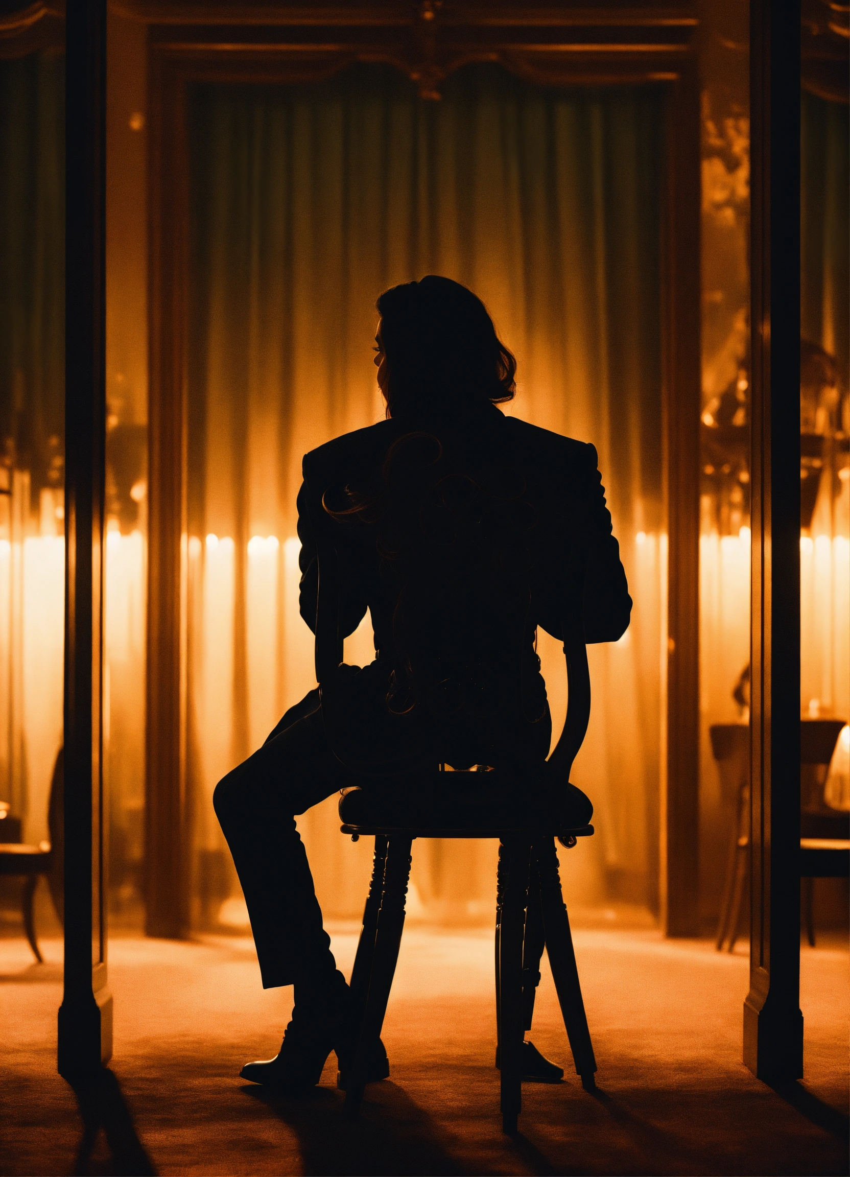 Lexica - The silhouette of a woman with long hair cuffed on a chair, in ...