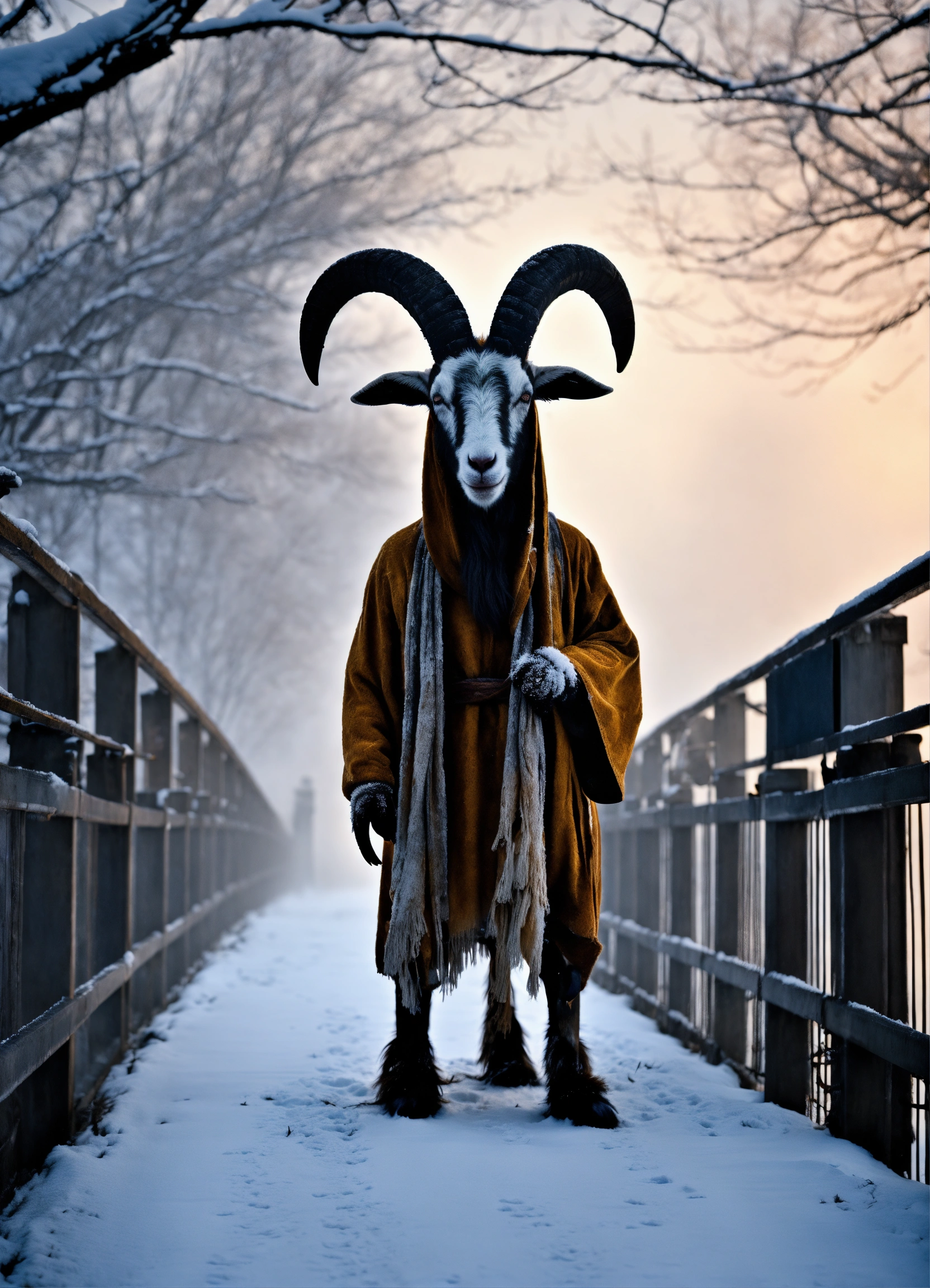 Lexica - Scary goat-man from urban legend on bridge fog and snow