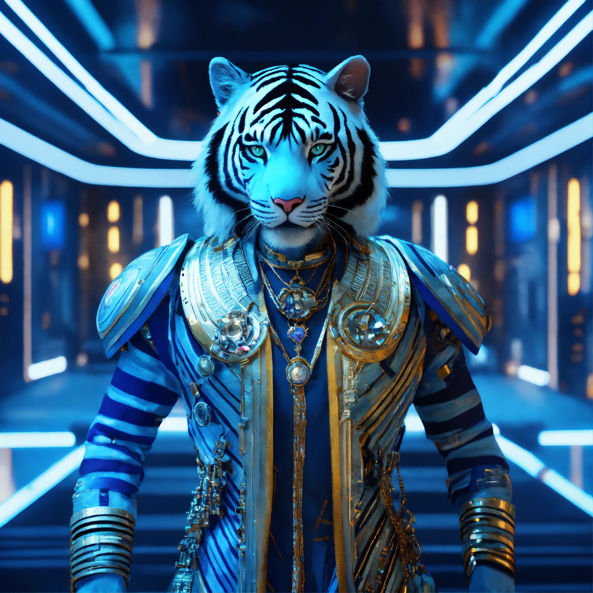 Lexica - Zoom out from a sophisticated blue striped tiger faced ...