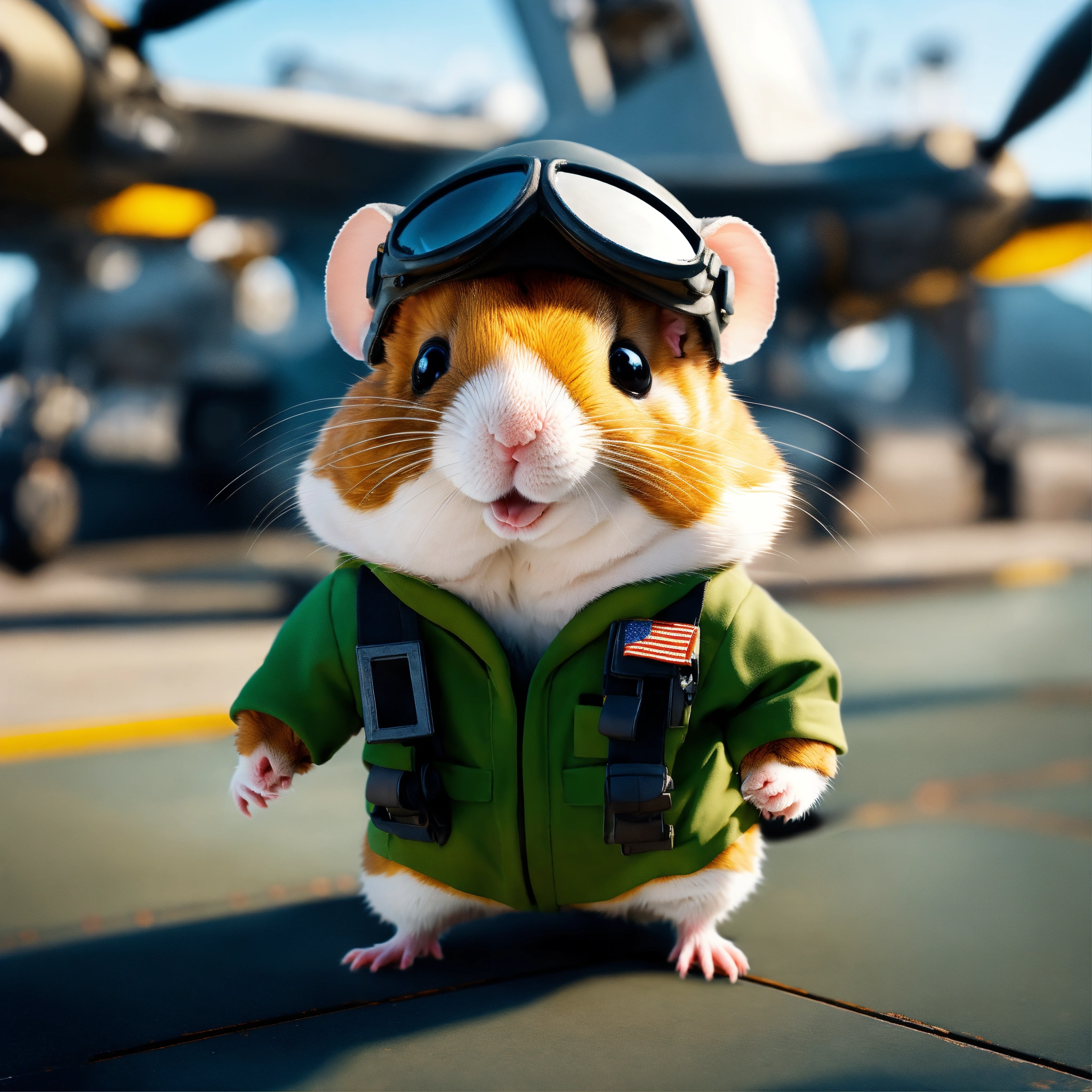 Lexica - A cute fluffy hamster pilot walking on a military aircraft ...