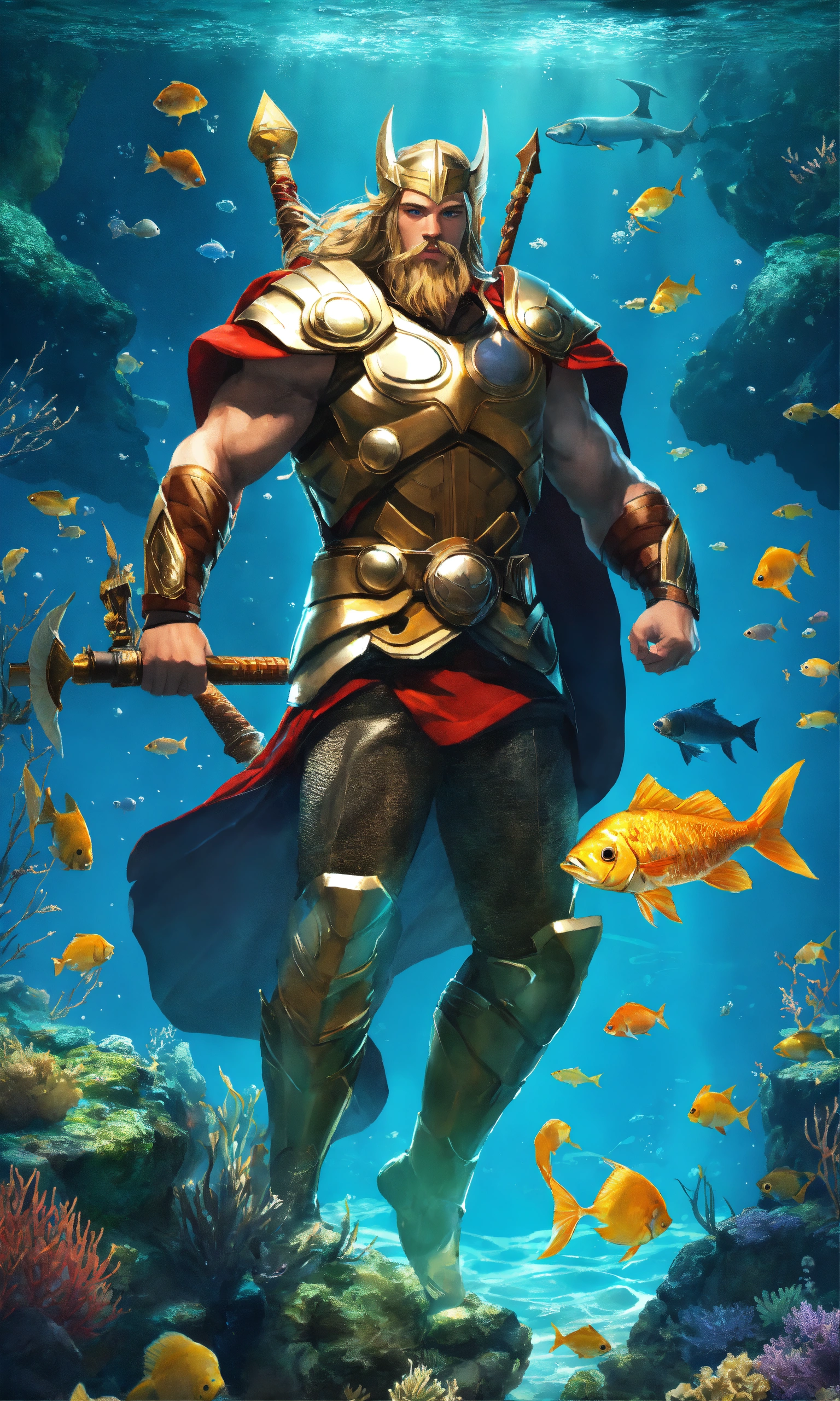 Lexica - Thor with fish underwater in the ocean, nature background, 2D ...