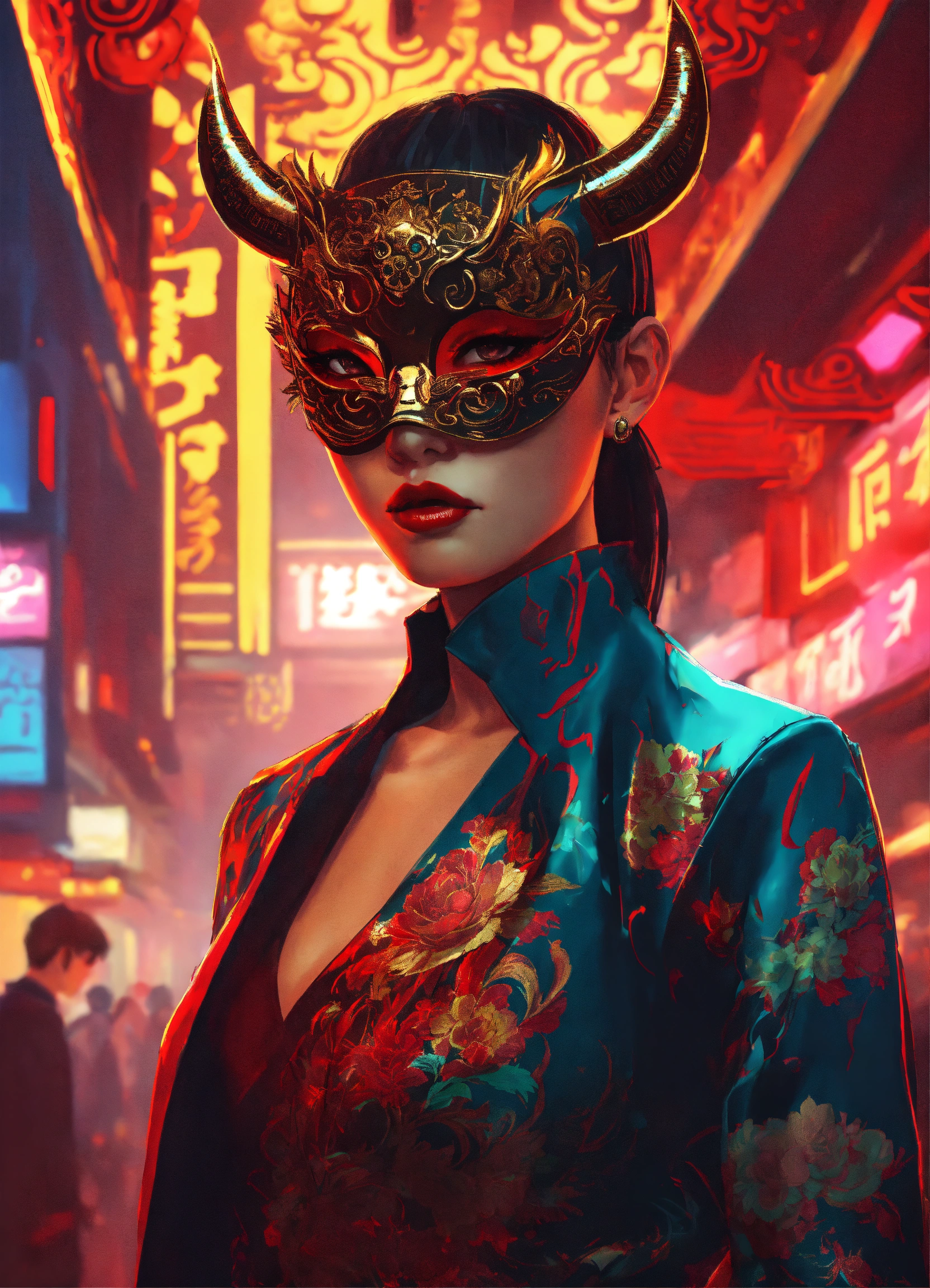 Lexica - Chinese cyberpunk in glamorous with Chinese devil mask at a ...