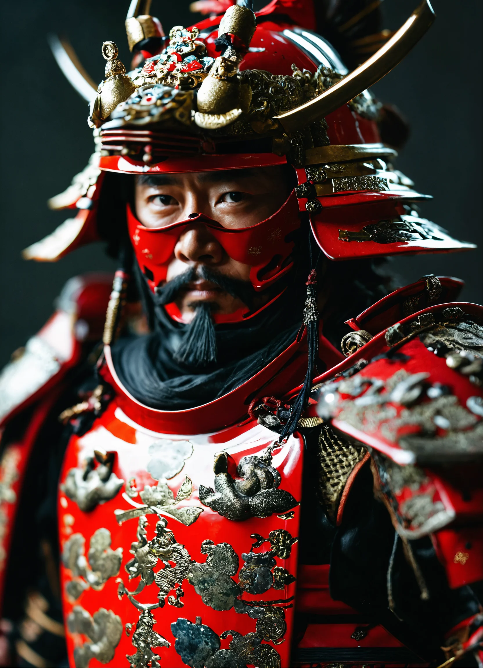 Lexica - A close up shot of Hiroyuki Sanada wearing a full red samurai ...