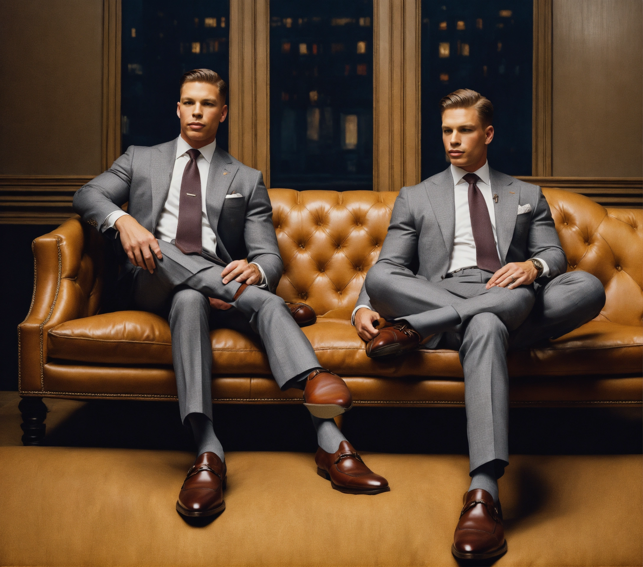 Lexica - Two muscular male Ceo in grey vested suit, club tie, crossing ...