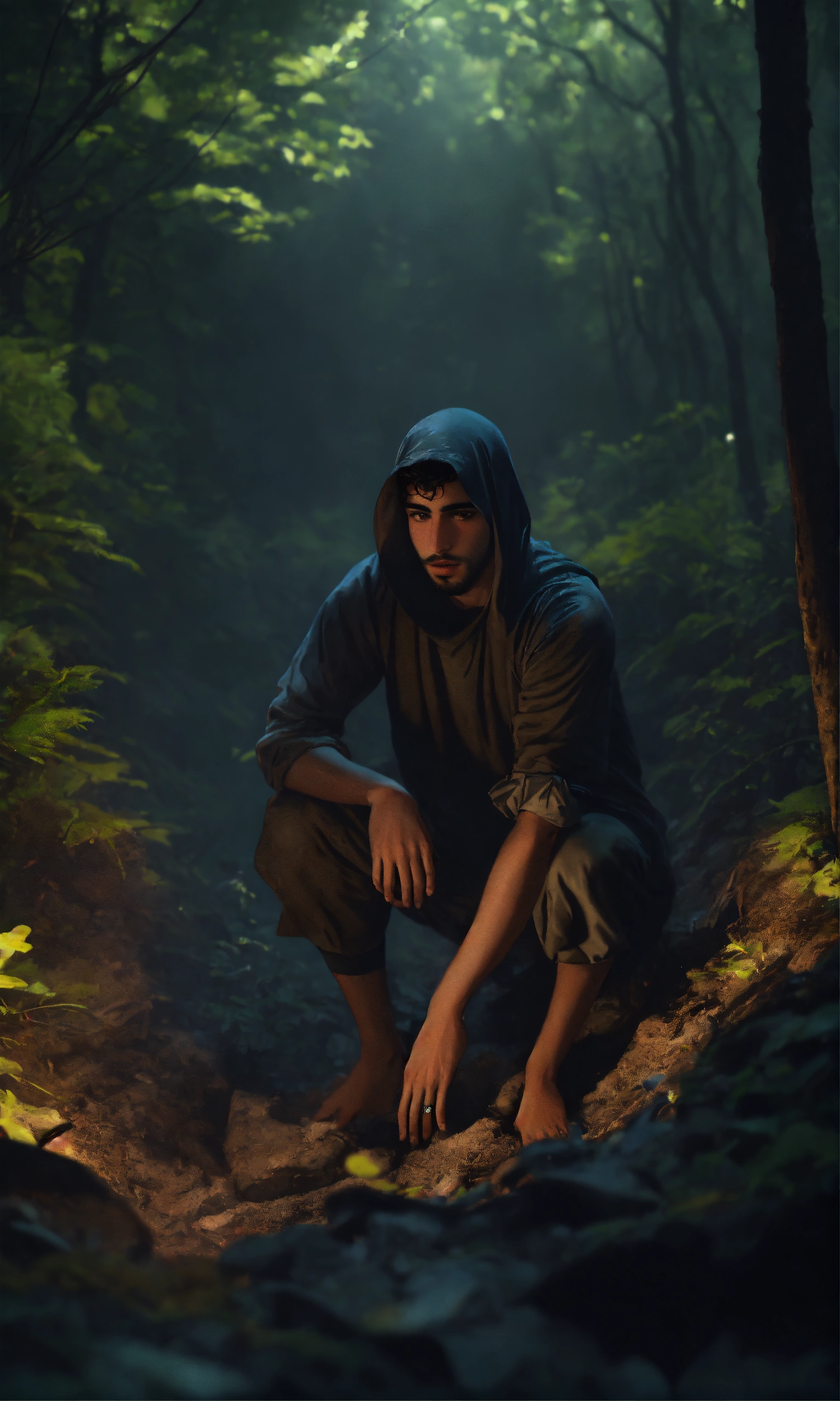 Lexica - A young Arab man falling in a pit in the forest, dark theme ...