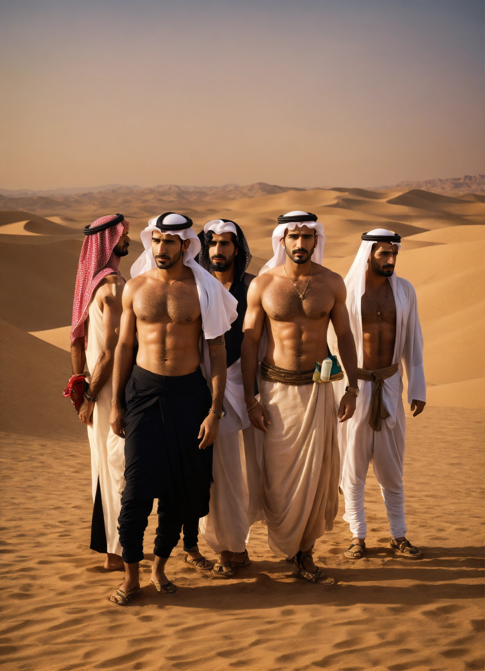 Lexica - A group of shirtless Arabian men standing in the desert, in ...