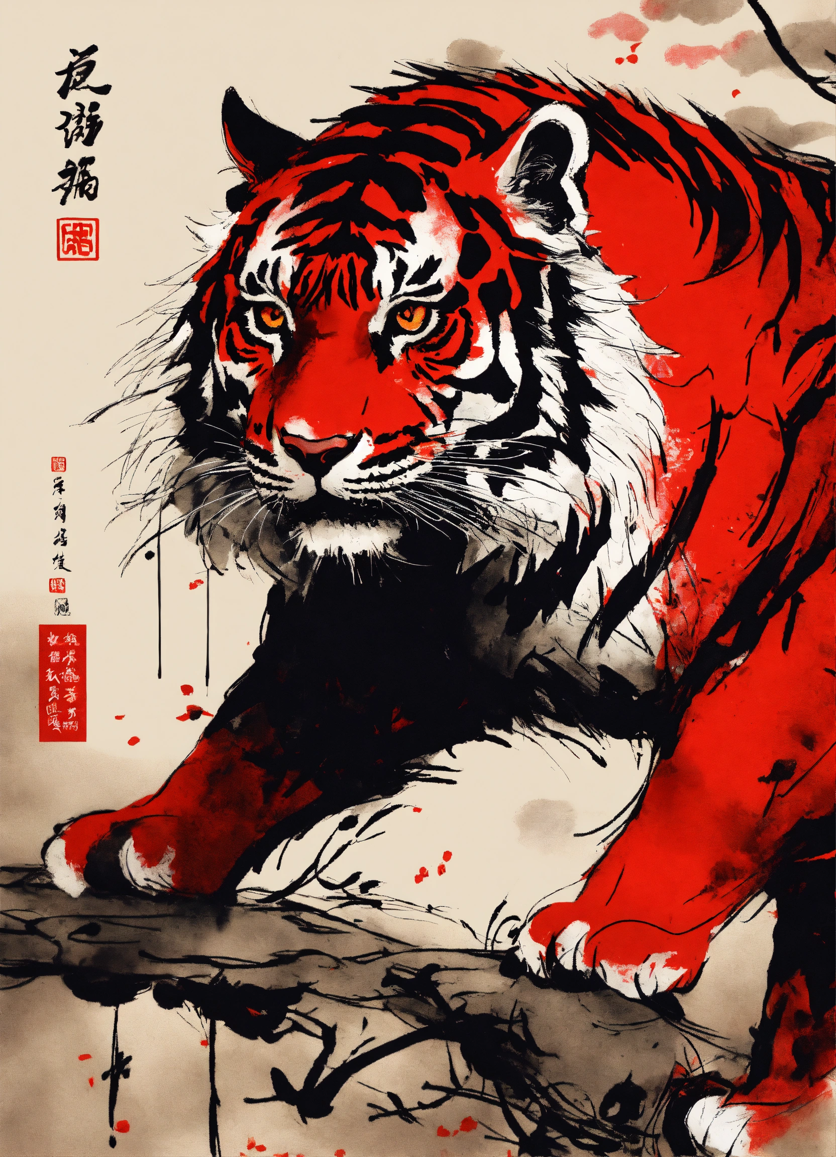 Lexica - Shuǐmò huà, 水墨画, black and red ink, a tiger in chinese style ...