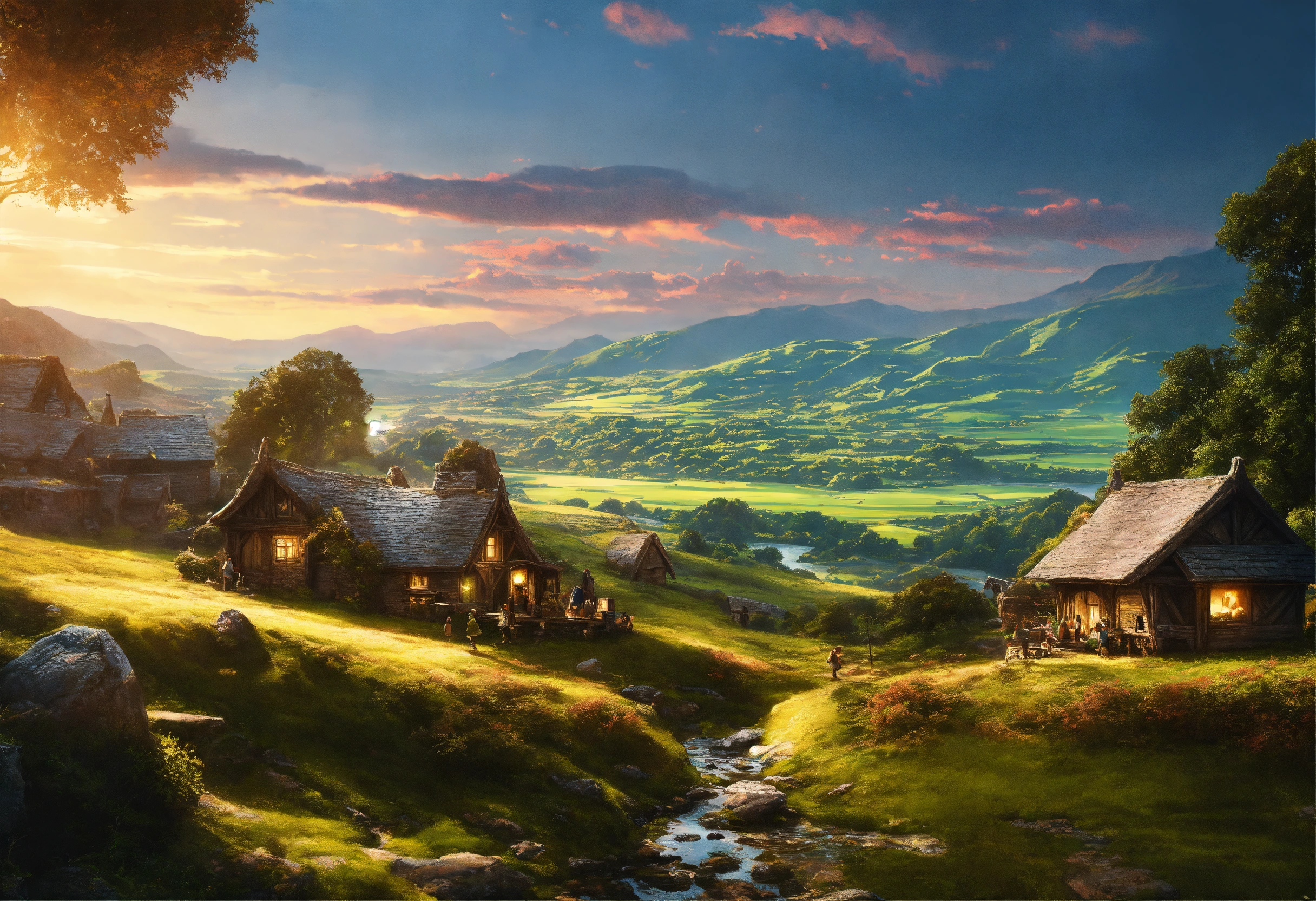 Lexica - Hobbits in the shire scenery landscape in future city, lord of ...
