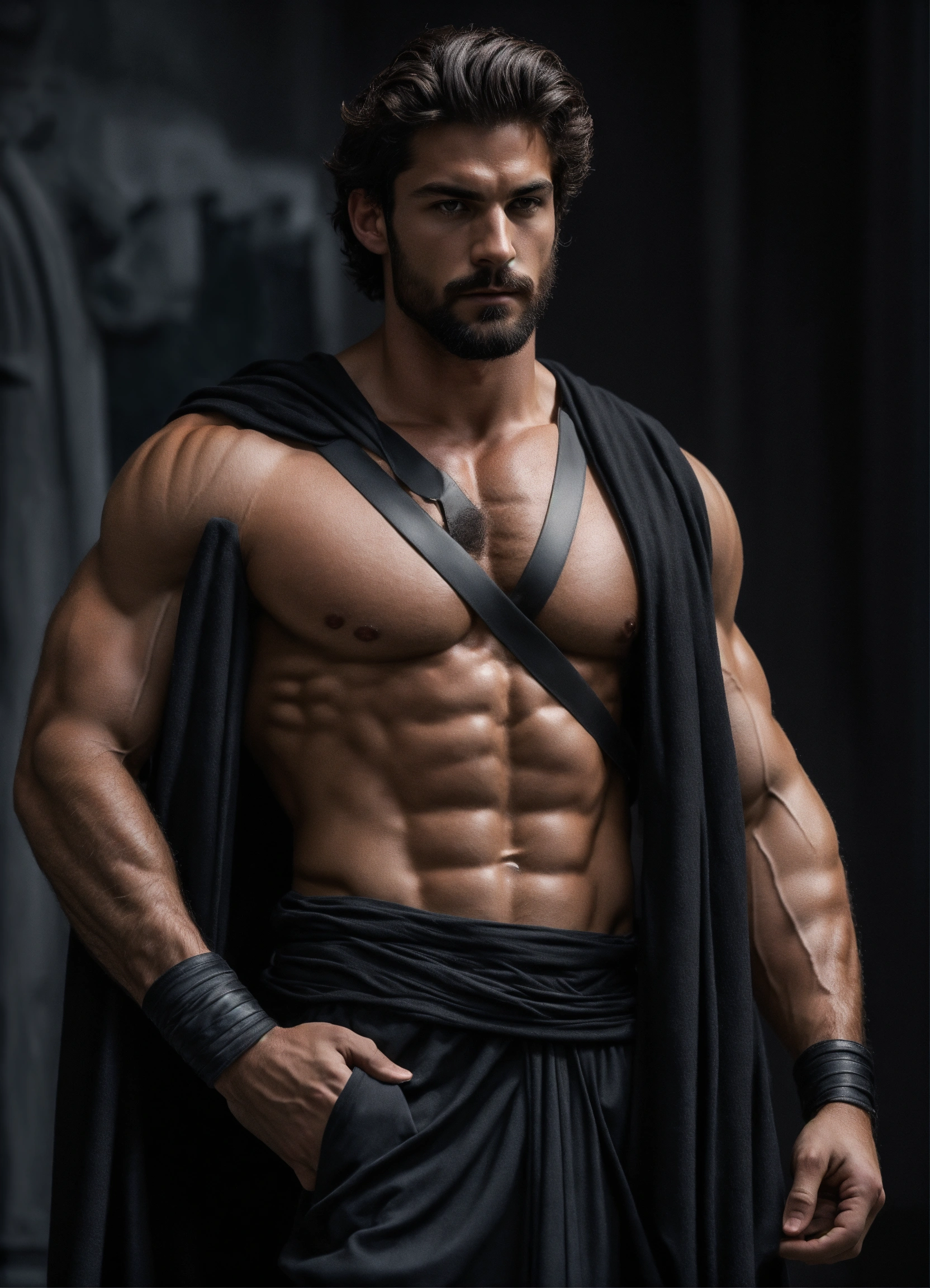 Lexica - A muscular greek god with middelparting hair in matt black ...