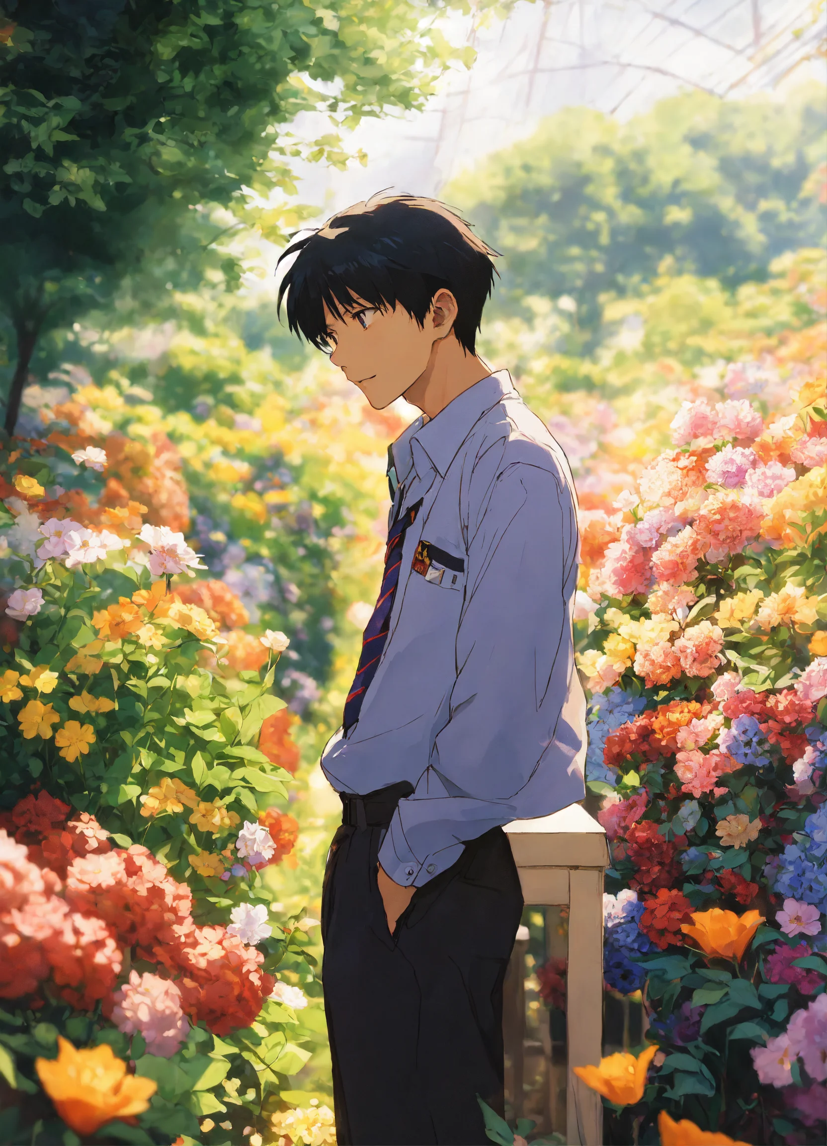 Lexica - Happy Shinji Ikari standing in a beautiful field of flowers ...