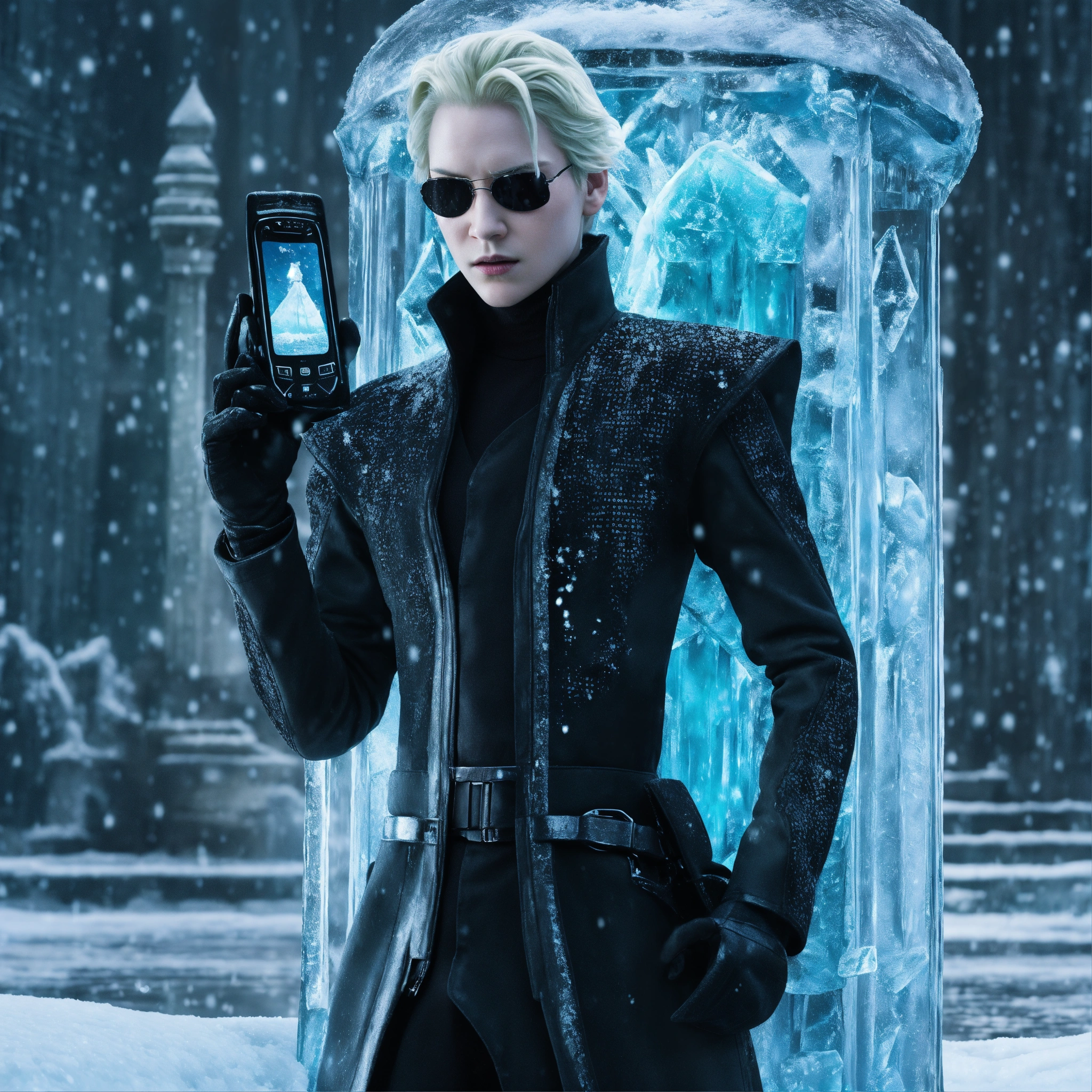 Lexica - Frozen neo from the matrix calling on an ice phone