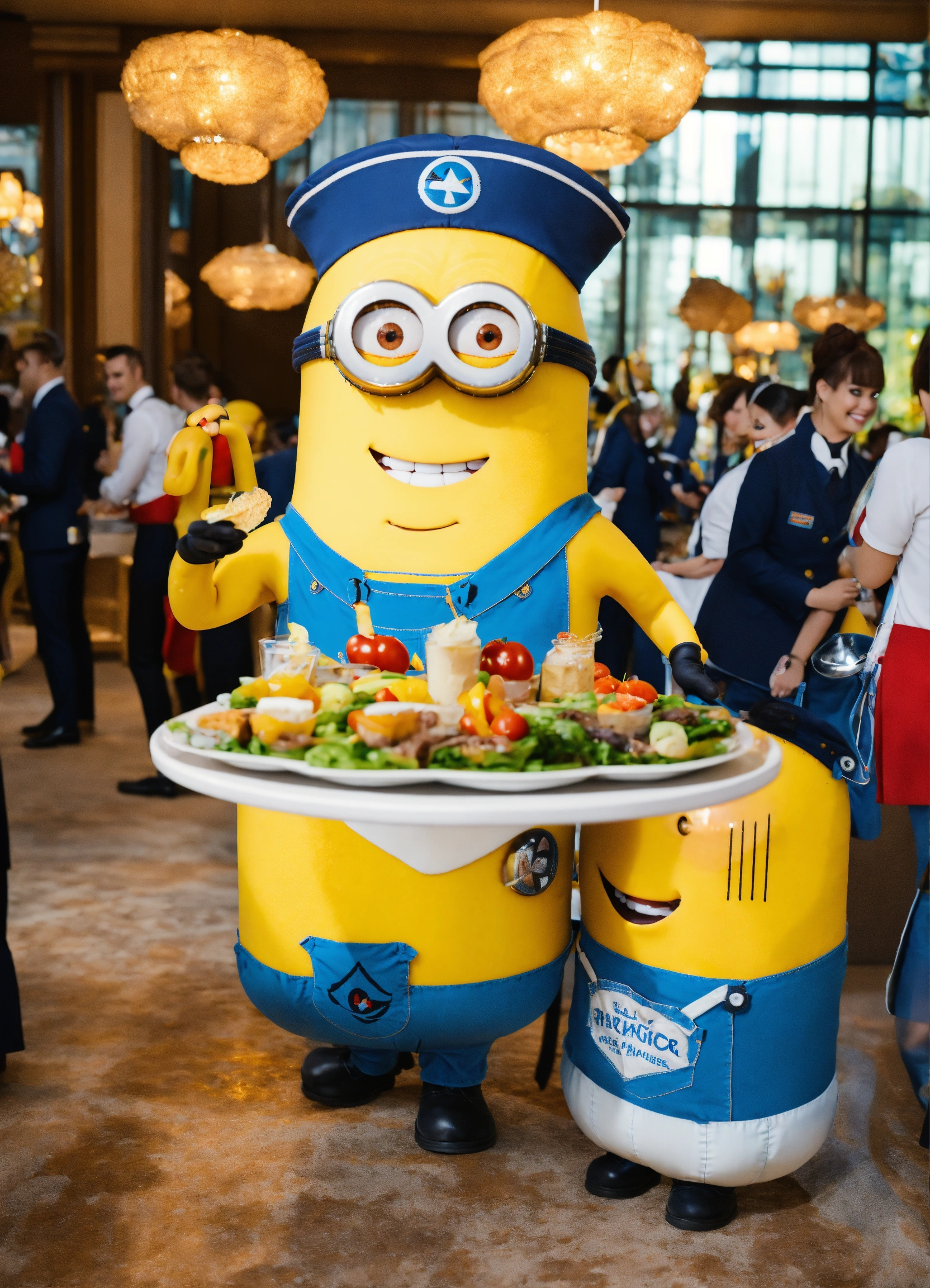 Lexica - Minions costumed like a stewardess serving meal to guests