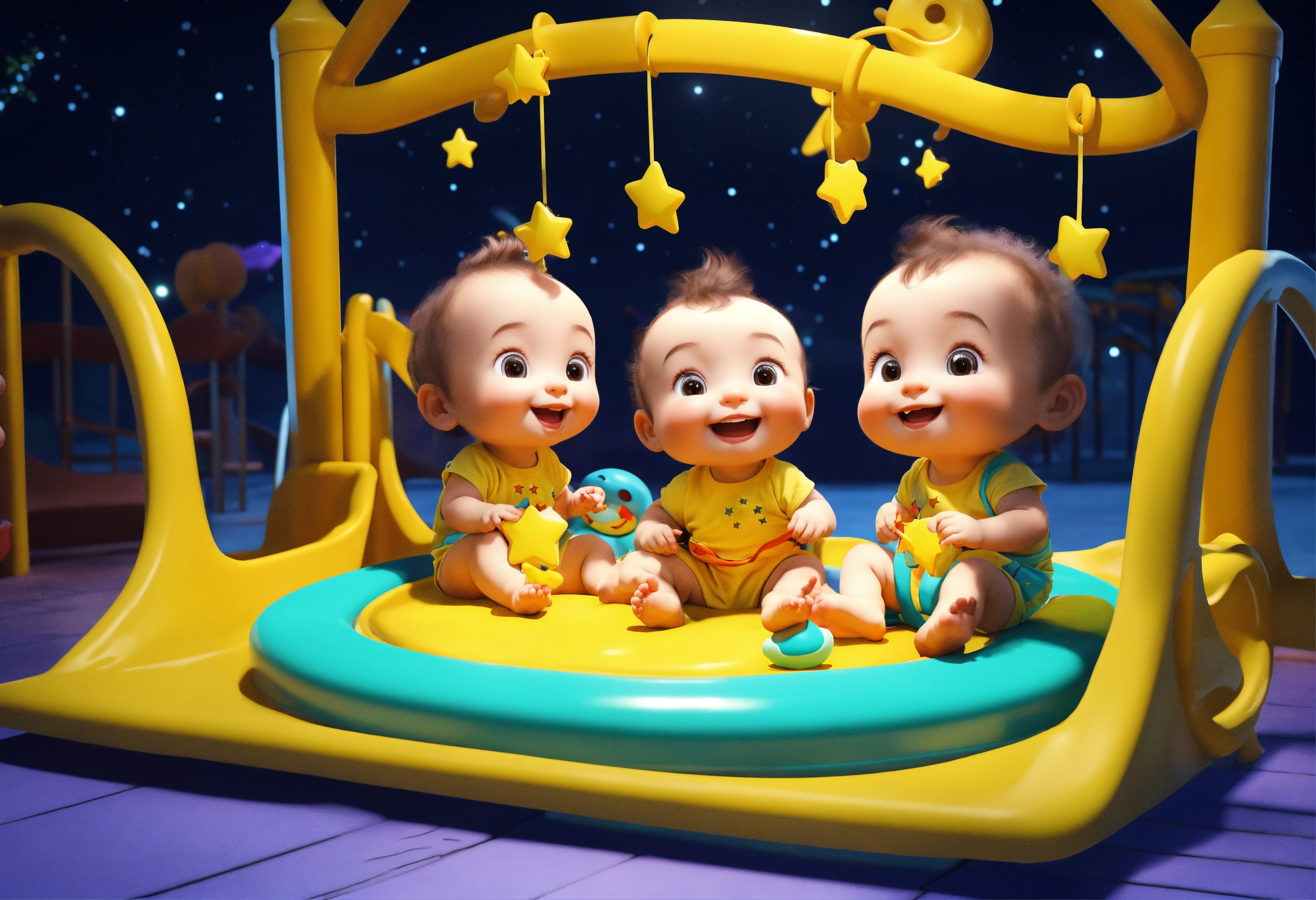 Lexica - .On a bright night, Three sweet babies are playing in the playground.3 yellow stars ...