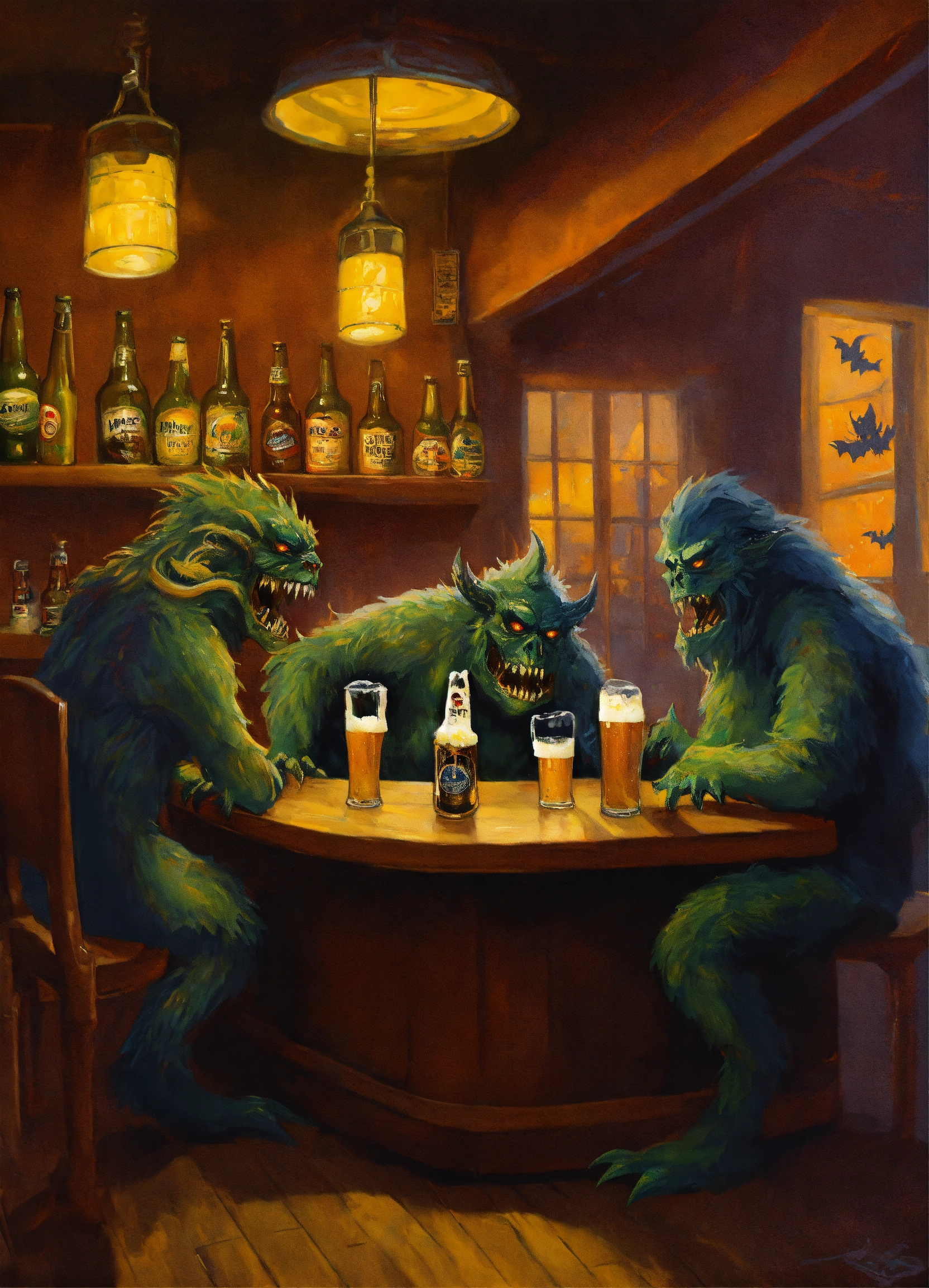 Lexica - Painting of monsters drinking beer at a bar. Greg Rutkowski ...