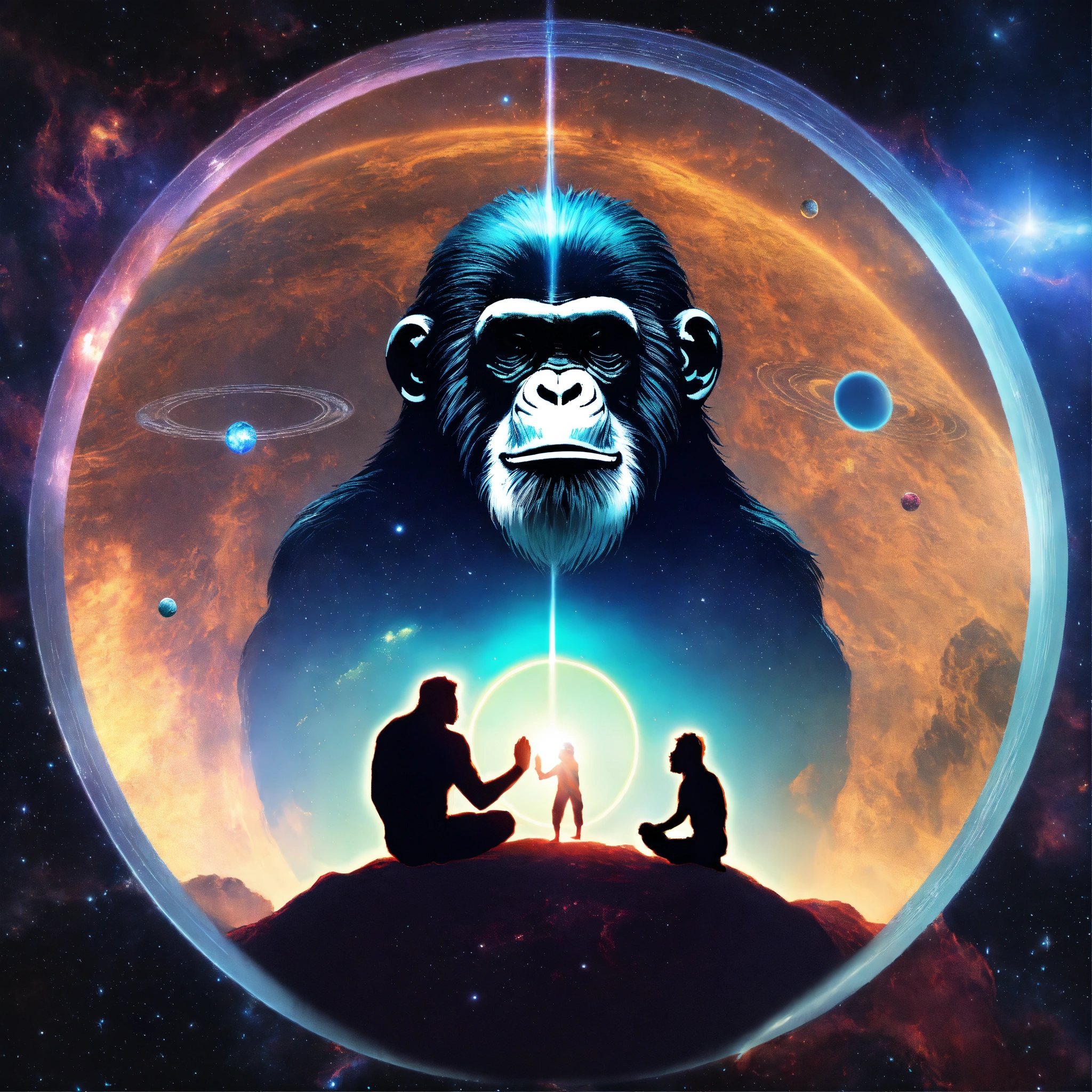 Lexica - Apes praying to a human god in space, in circle image ...