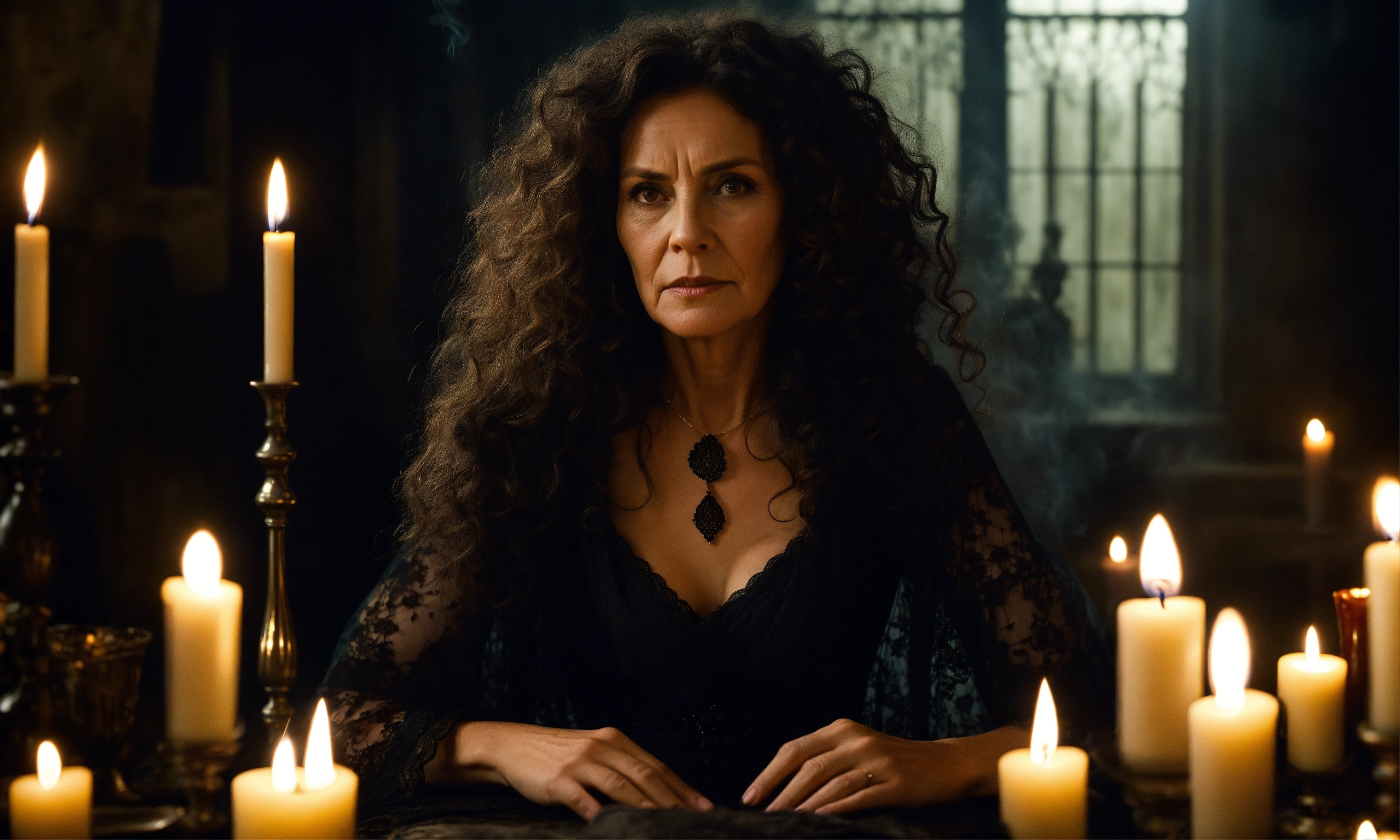 Lexica - Portrait of a middle aged witch, woman with long, dark, curly ...