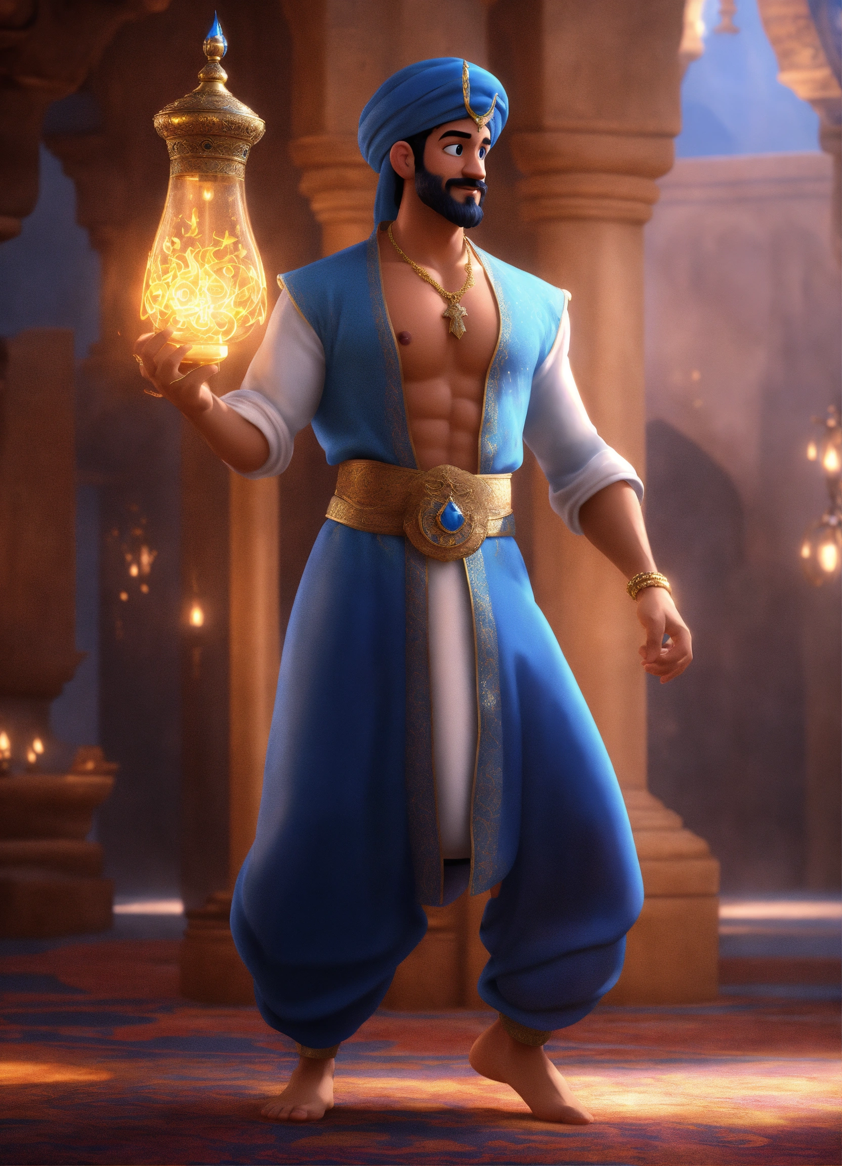Lexica - Create a 3D rendering of a magical blue Arabian male genie ...