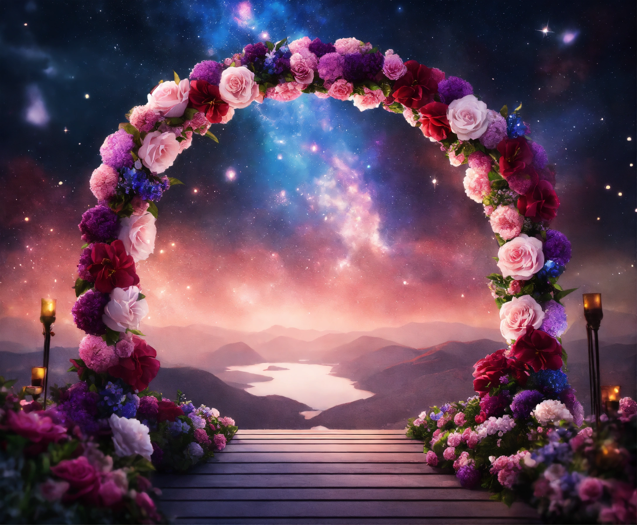 Lexica - Flower arch in galaxy ,fantasy style , wedding style