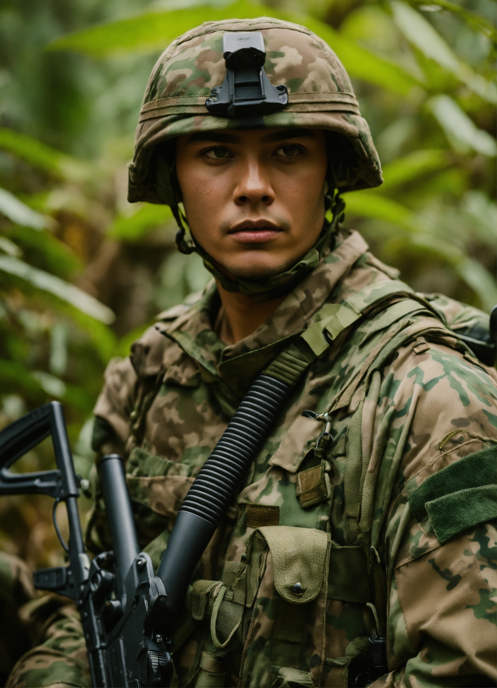 Lexica - Waist-up, muted photo portrait titled "soldier of the jungle ...