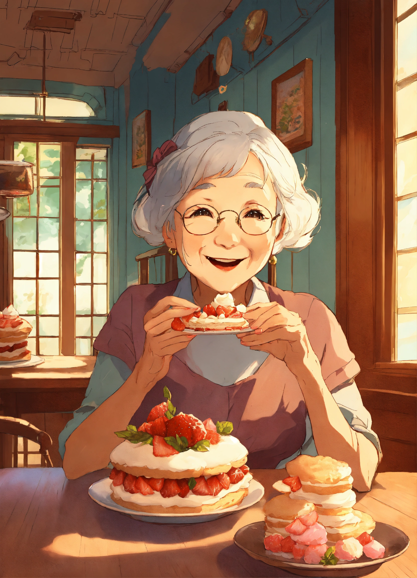 Lexica - 1 female, 120years old, cute, smiling, eating shortcake, cafe, Studio Ghibli style ...
