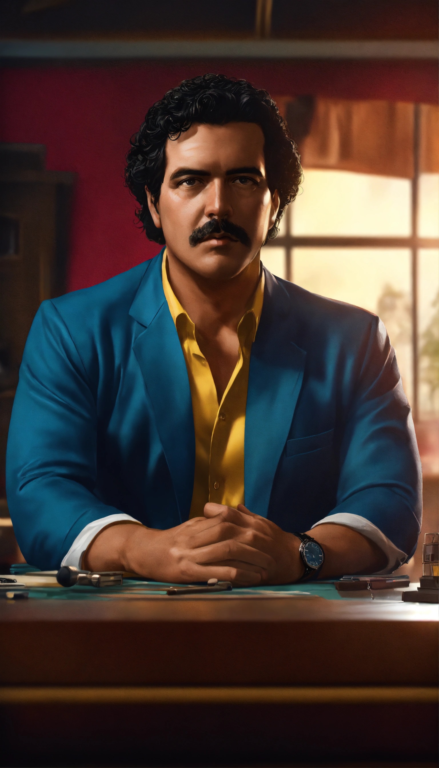 Lexica - Character in the style of pablo escobar, front view, brightly ...